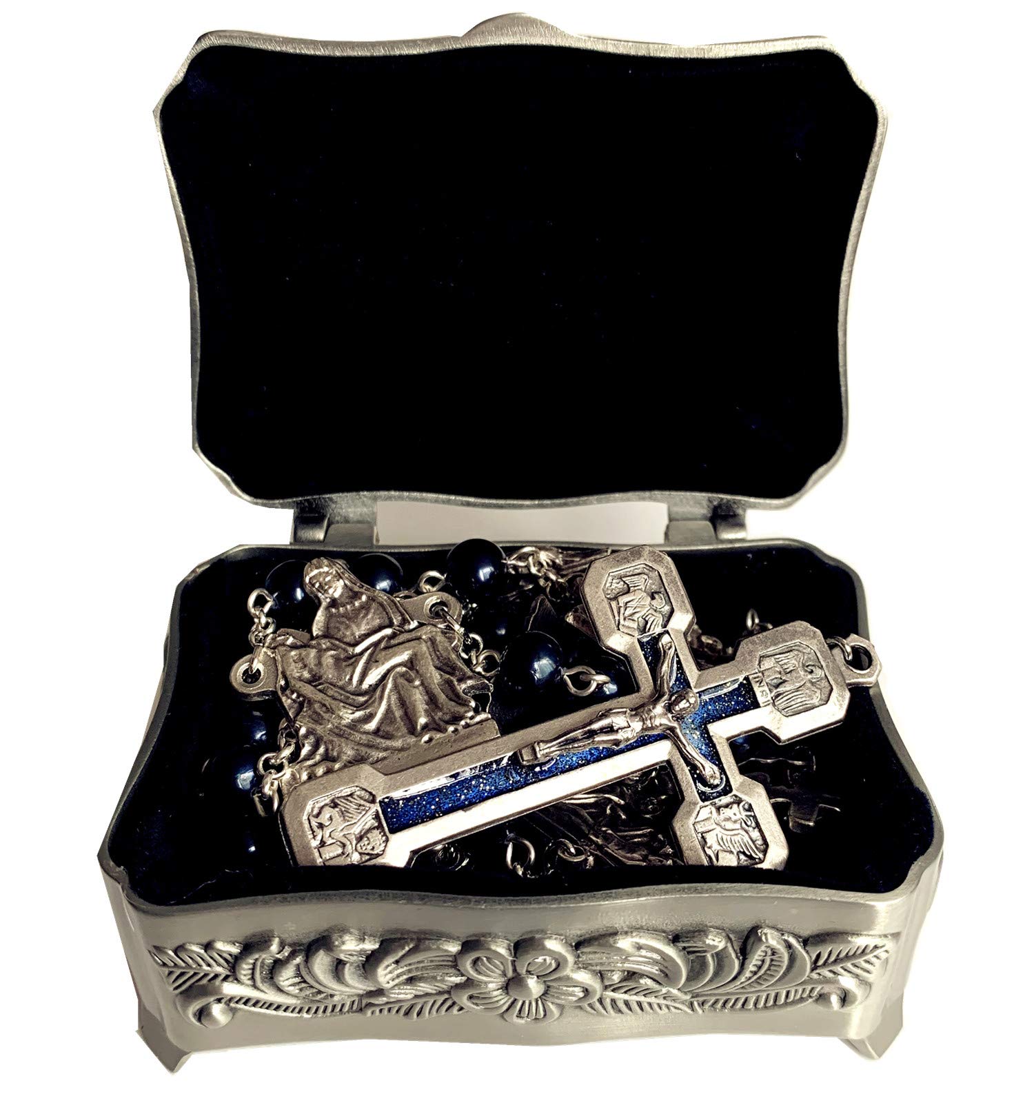 elegantmedical Stations of the Cross Prayer Rosary Real Black Pearl Beads Necklace Catholic Gifts Box