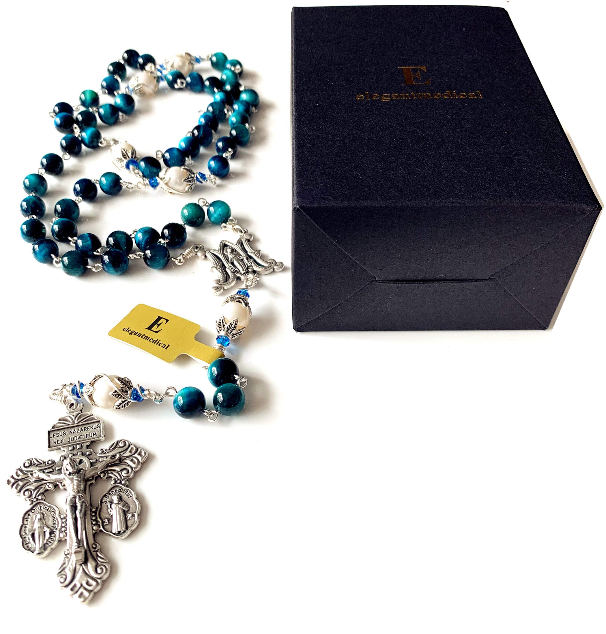 elegantmedical HANDMADE Peacock Blue Tiger Eye Prayer Beads & (AAA) 10mm real Pearl sterling silver beads caps Catholic Rosary Necklace Gift Box Italy Parden Crucifix