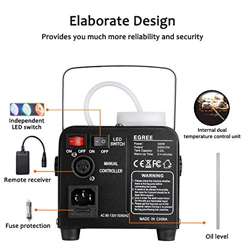 EGREE Fog Machine with Controllable lights - 500W Professional DJ LED Smoke Machine 3 Color Lights with Wireless Remote Control 2000 CFM Huge Fog Capacity for Halloween Holidays Parties - Metal Black