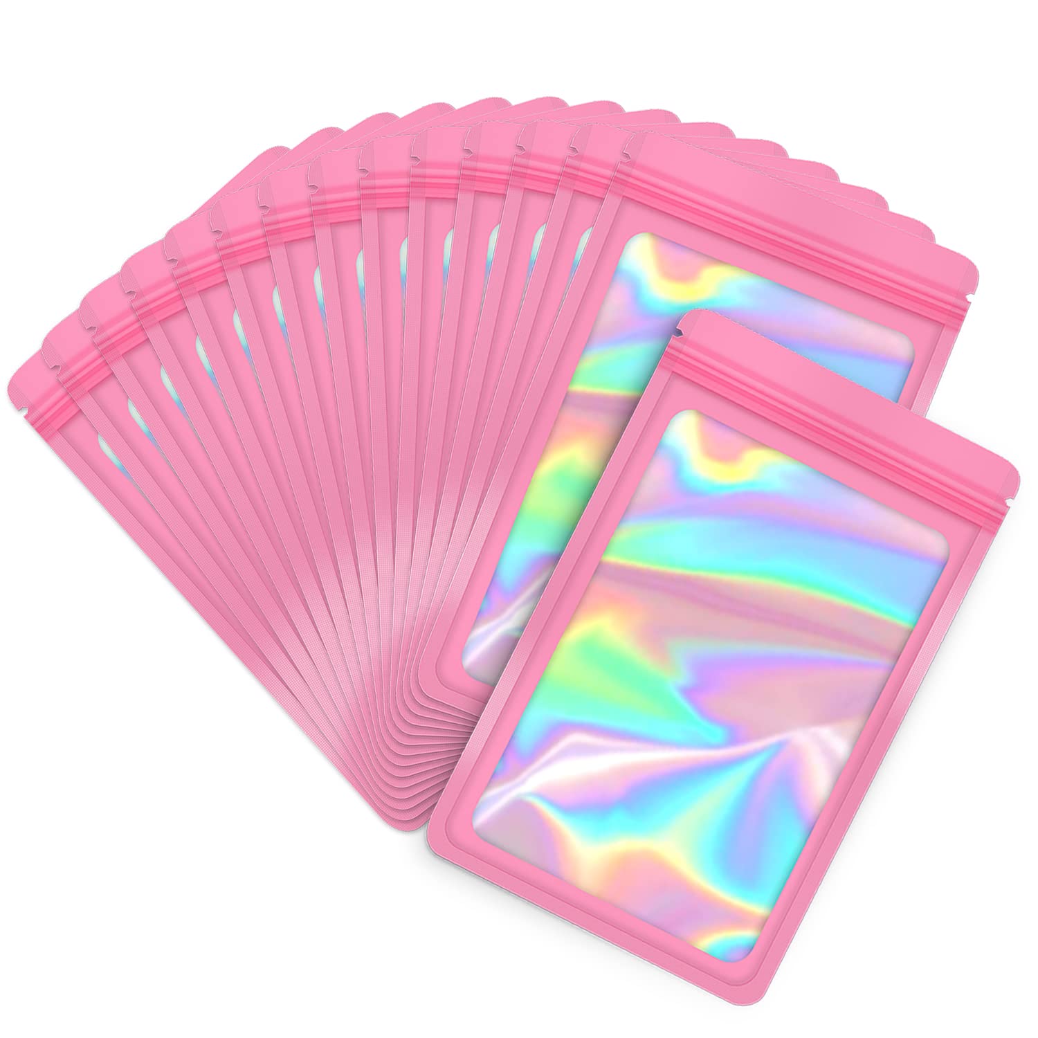EONJOE 100-pack 5×7 inch mylar bags with clear window holographic resealable sealable packaging zip bag for small bussiness jewelry candy sample food packing supplies (Pink)