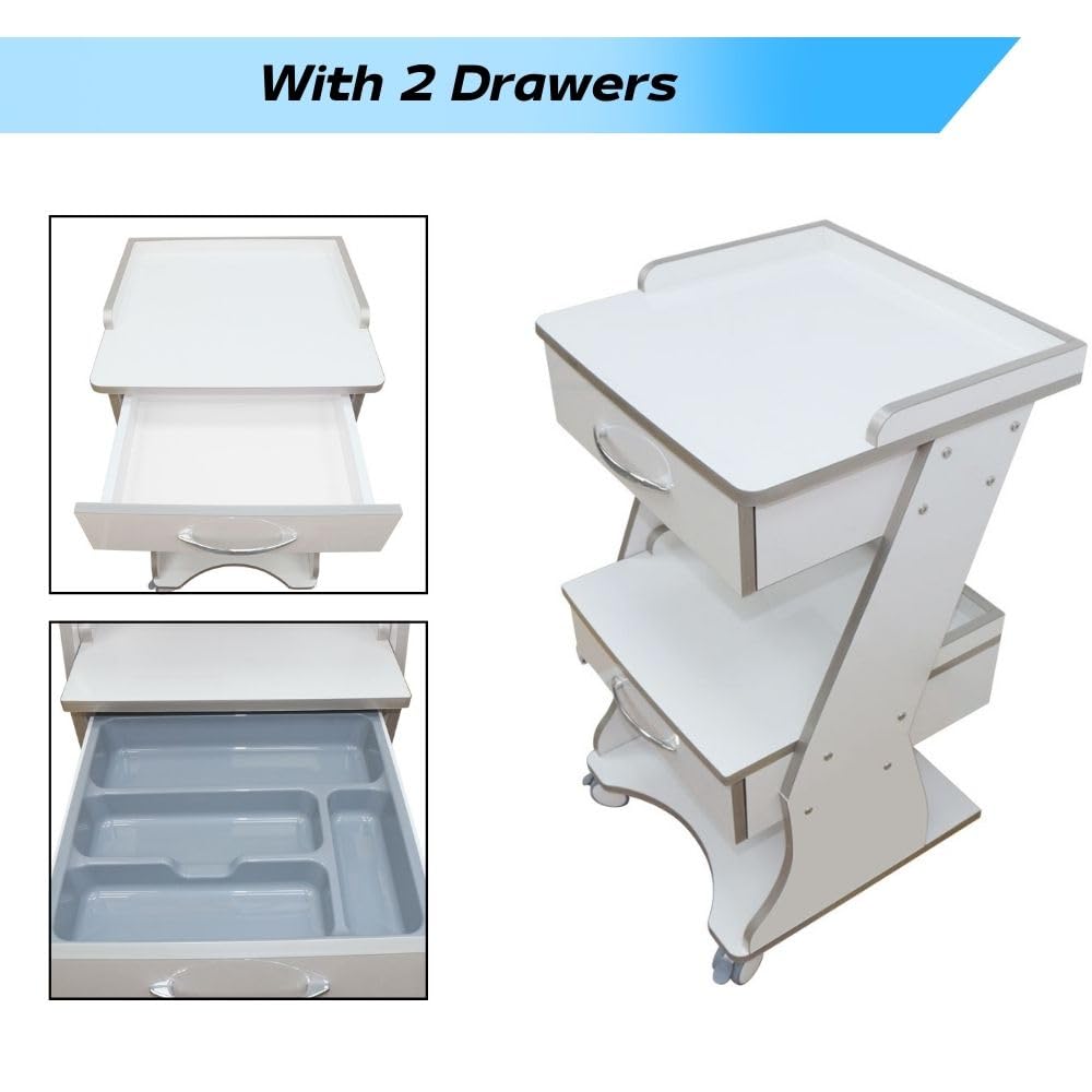 generic Mobile Rolling Trolley with Built-in Socket and Water Bottle, Multi-Function 3-Layer Cart with Wheels and 2 Drawers for Dental Labs Beauty Salon, White