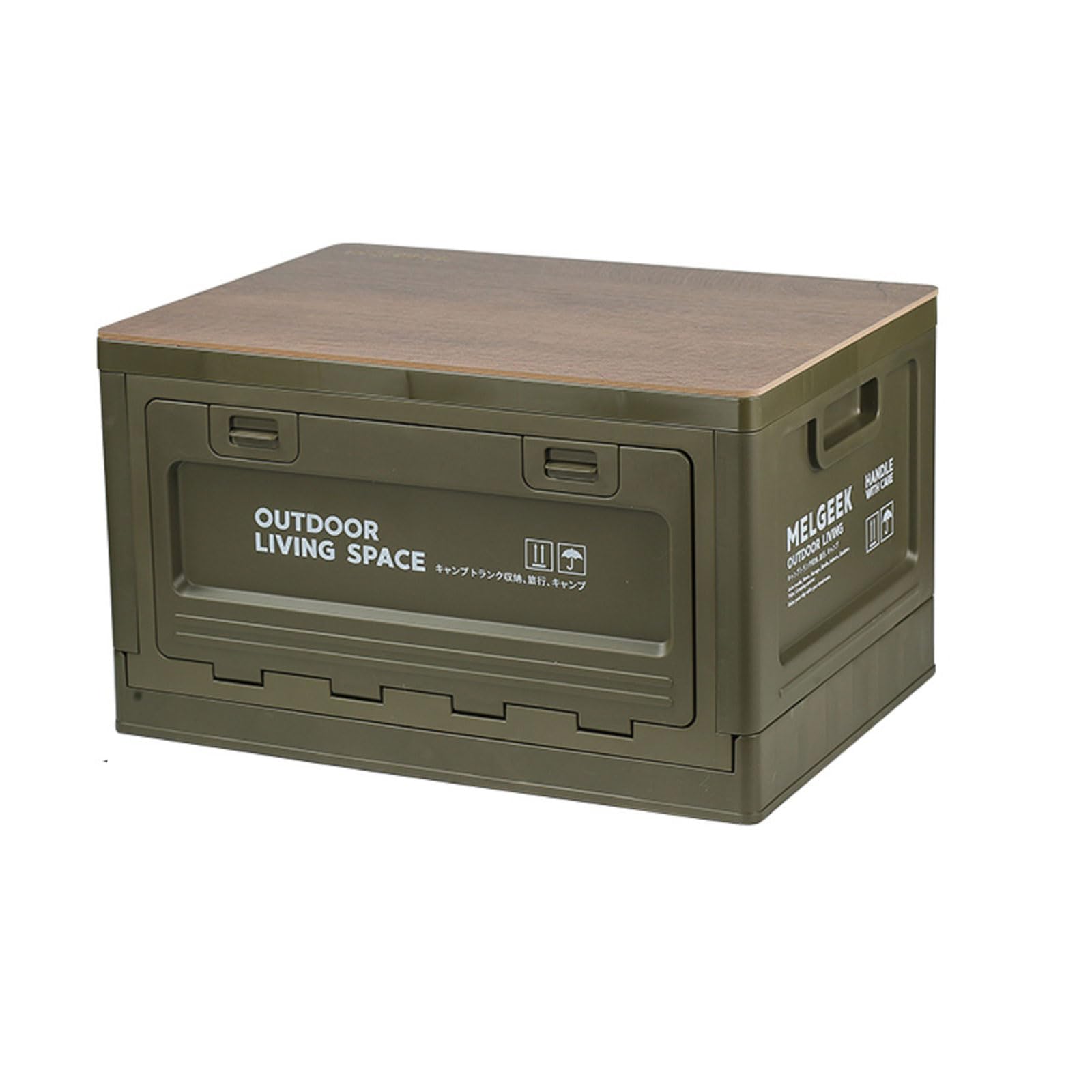 OCTOXEQA Camping Storage Box, 53Qt Folding Storage Box with Removable Wooden Cover, Stackable Collapsible Storage Bin Organizer for Car Storage, Home Sorting, Office (Green)