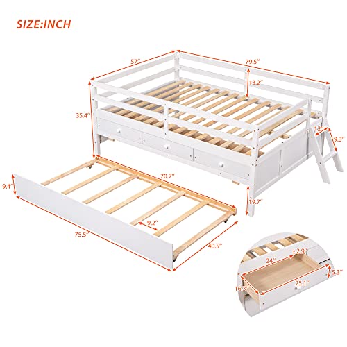 ODC Low Loft Bed with Trundle Bed and 3 Storage Drawers, Multifunctional Full Size Loft Bed with Climbing Ladder, Solid Wood Bed Frame with Full Safety Fence for Kids Boys Girls