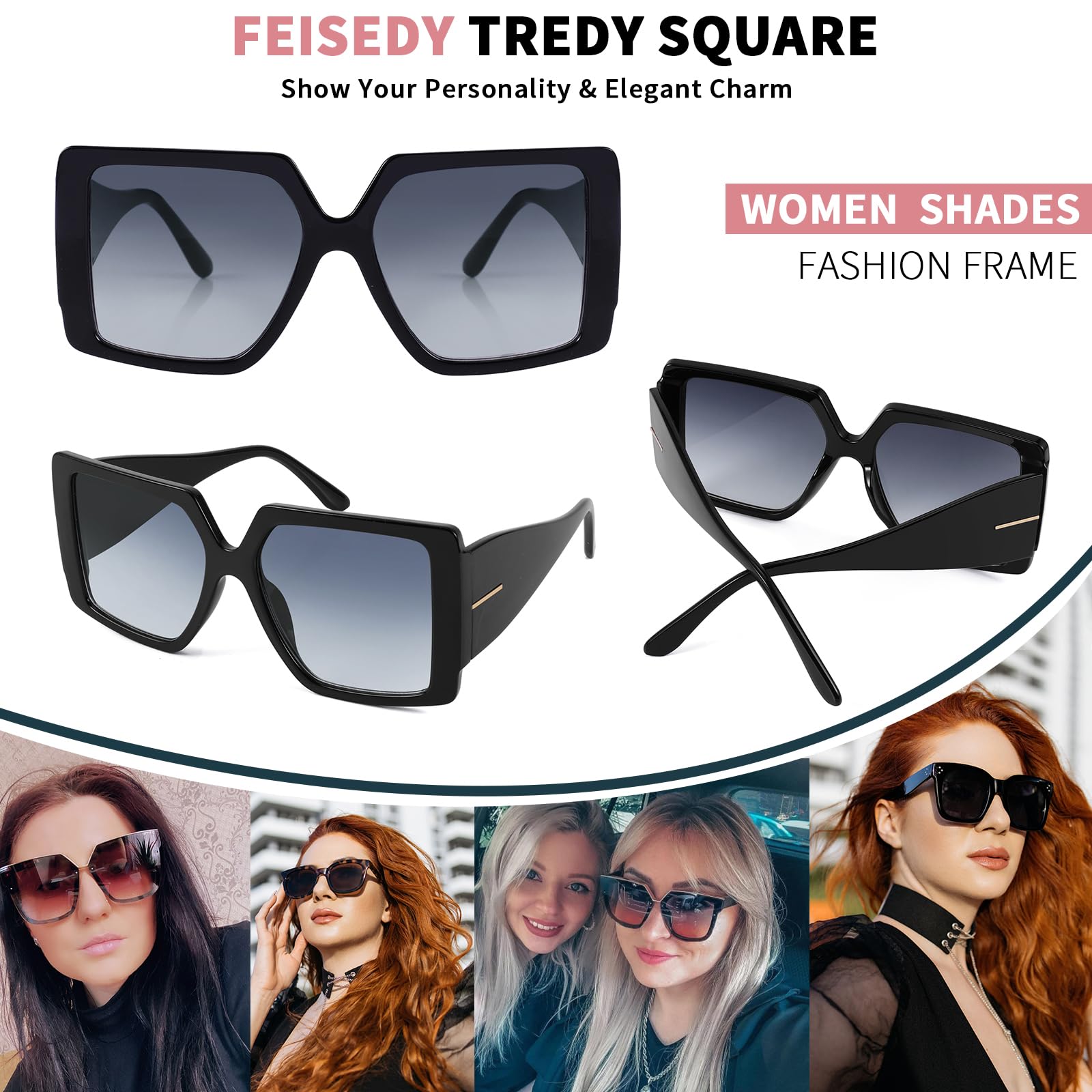 FEISEDY Womens Sunglasses, Trendy Large Frame Retro Square Oversized Shades for Men B4036