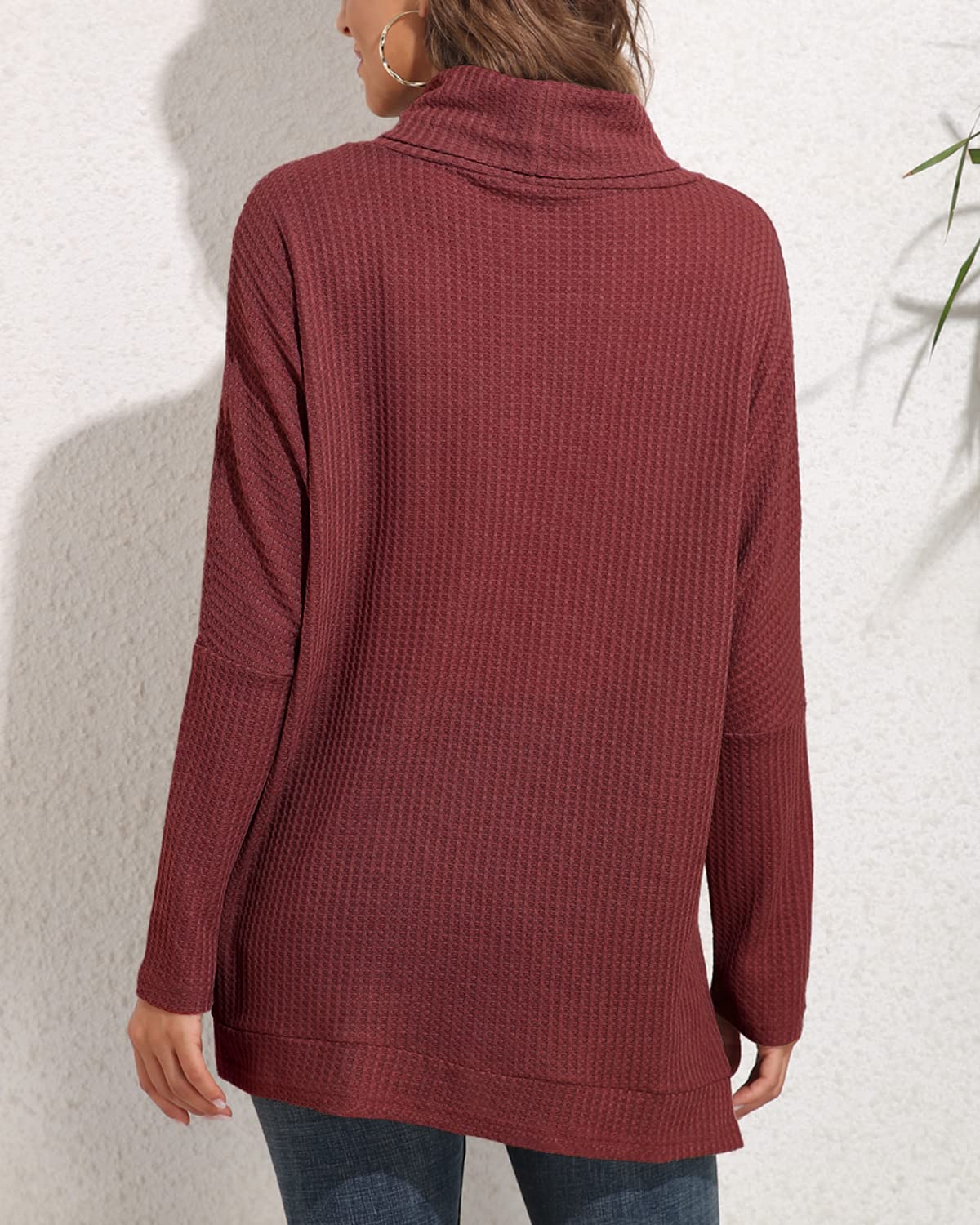 Dokuritu Women's Turtleneck Long Sleeve Red Knit Sweater Causal Loose Cowl Neck Waffle Knit Tunic Tops High Low Side Slit Pullover(Red,S)
