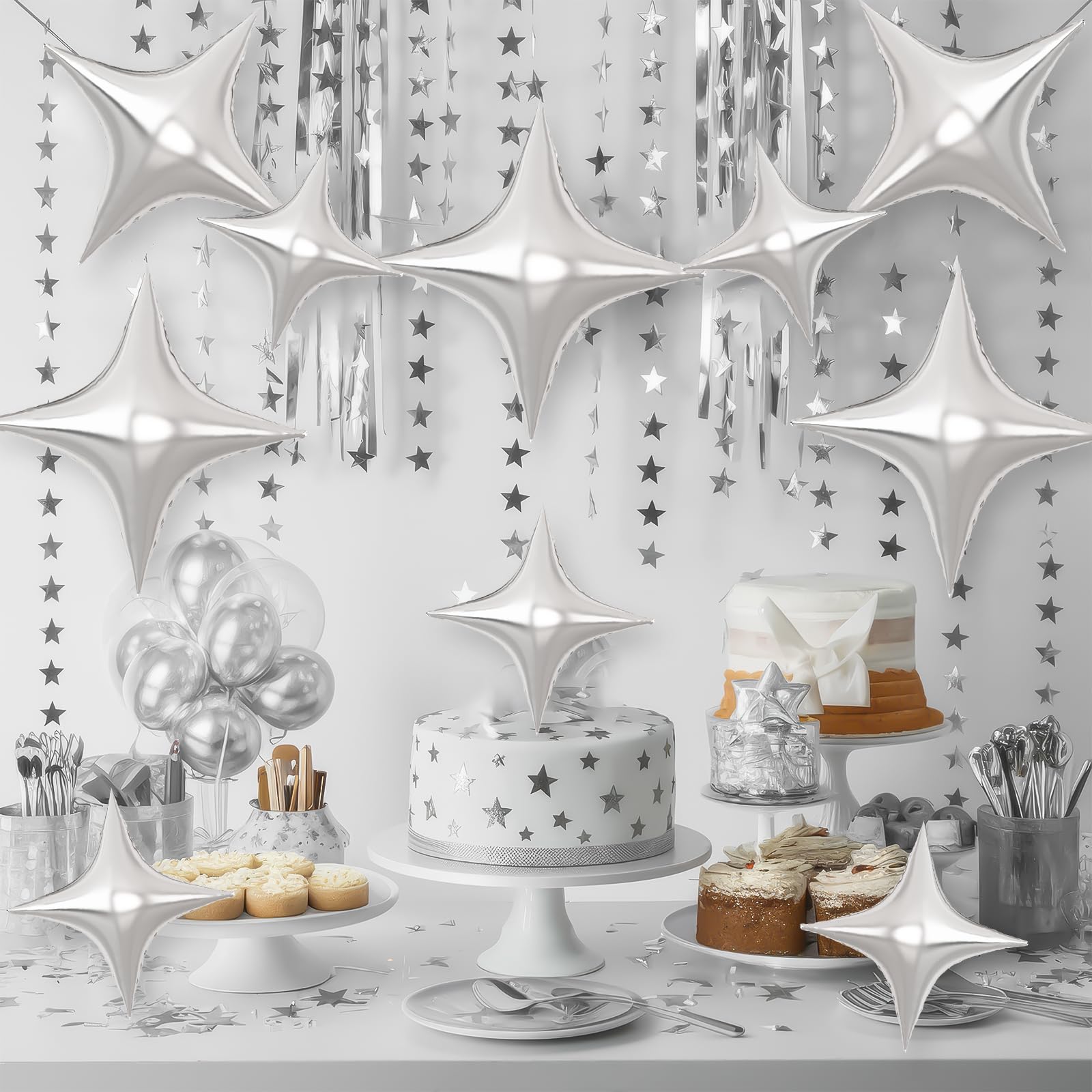 Silver Star Balloons,10Pcs Quadrangle Star Balloons,Four Angle Star Shaped Helium Mylar Balloons for Brithday,Engagement,Graduation,Wedding Party Decorations
