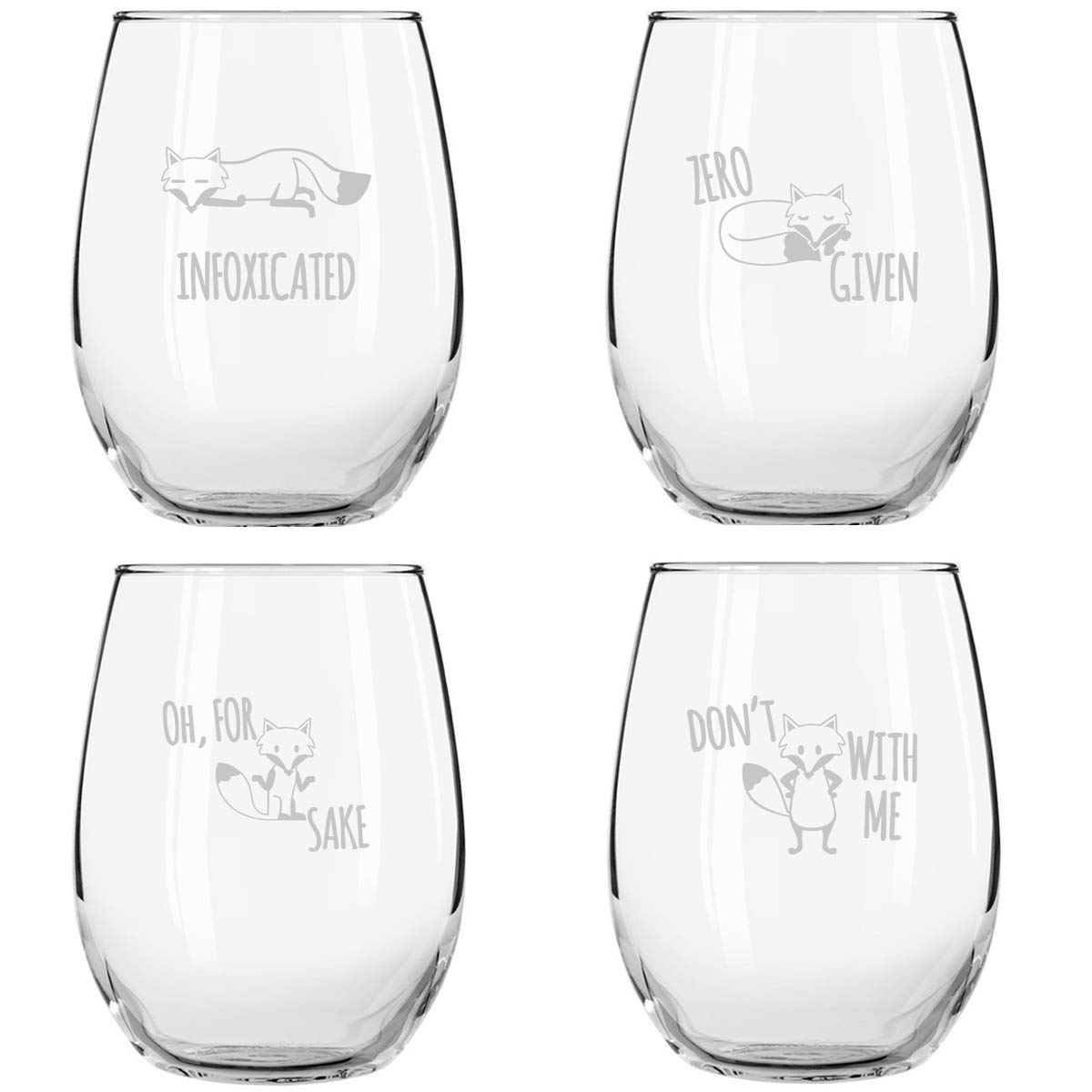Funny Stemless Wine Glass Set | The Fox Series Pack of 4 Glasses Set | Infoxicated, Zero Fox Given, Oh for Fox Sake, Don't Fox with Me | Novelty Glasses With Cute Sayings for Women, Her | Made in USA