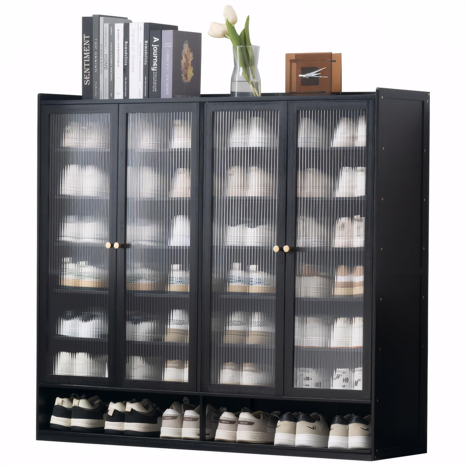 OMKUOSYA Bamboo Shoe Cabinet,8 Tier Bamboo Shoe Storage Cabinet,Bamboo Shoe Cabinet with Doors, for Entryway Hallway(Brown - A)