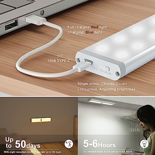 SZOKLED 58-LED Under Cabinet Lights, RGB Motion Sensor Indoor Night Lights with Wireless Remote, Rechargeable Under Cabinet Lighting, Counter Lights for Kitchen, Closet, Stair, 15 Color (4 Packs)