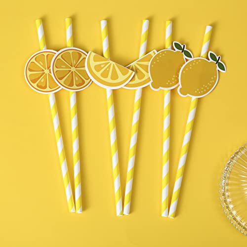 Lemon Biodegradable Paper Straws,Lemon Birthday Party Striped Decorative Straws - Set of 20.
