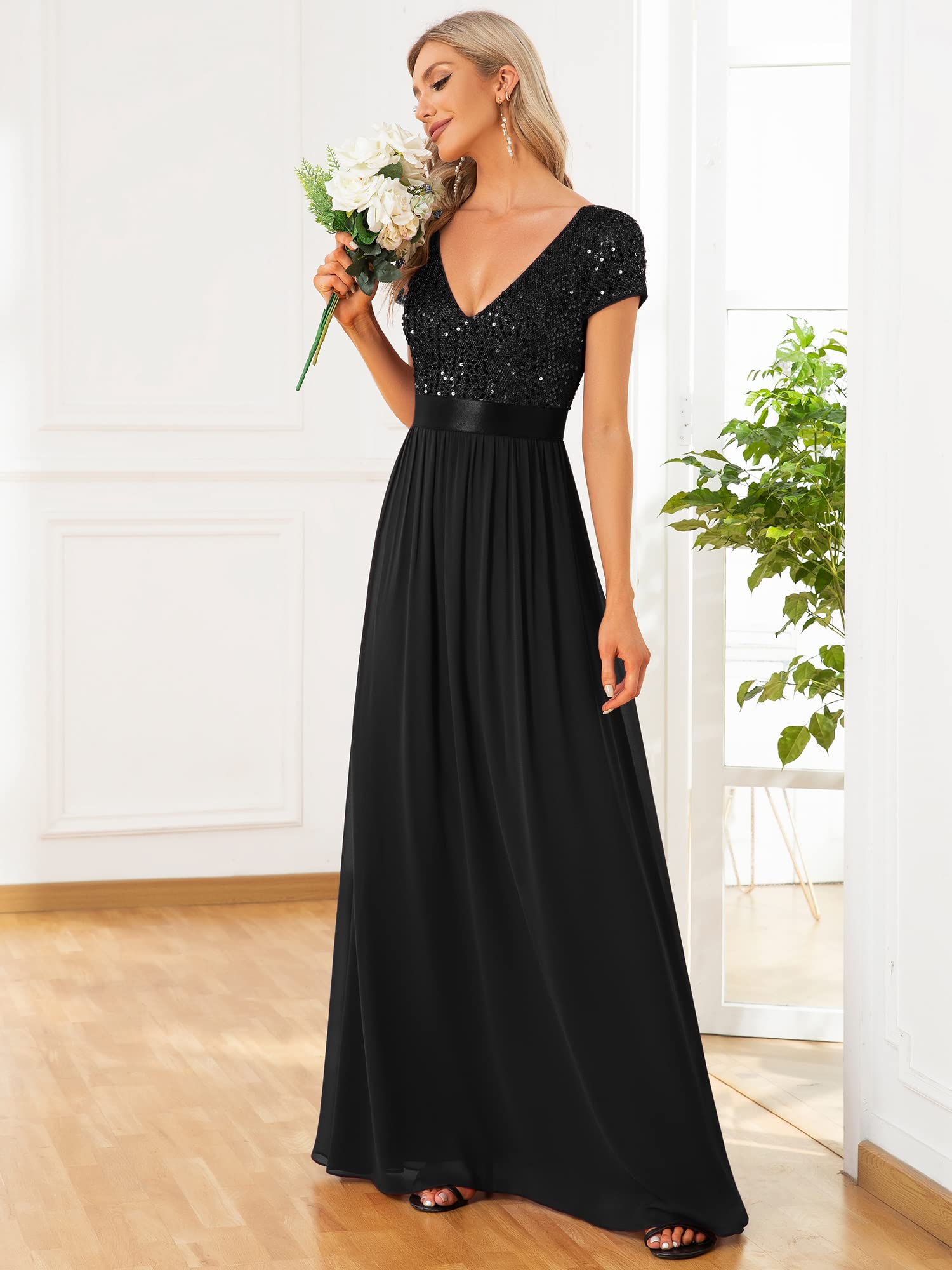 Ever-Pretty Women's Sequin V-Neck line Short Sleeves Empire Waist Maxi Evening Dress Formal Dress Black US12