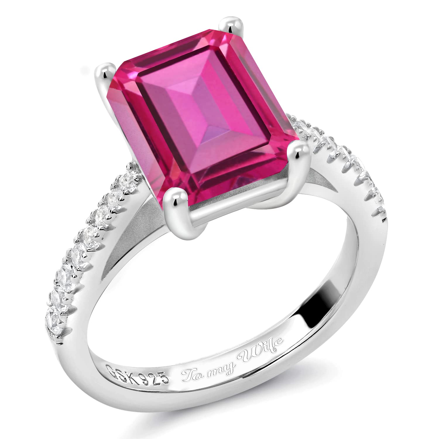 Gem Stone King 925 Sterling Silver Customized and Personalized 10X8MM Emerald Cut Gemstone Birthstone and White Created Sapphire Name Engraved Engagement Ring For Women (Size 6)