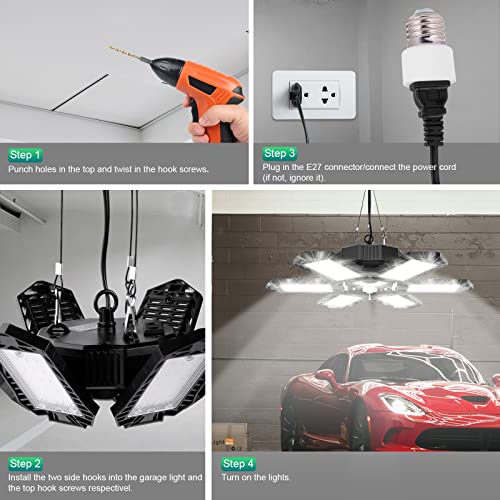 LED Garage Light with 6 Adjustable Panels, 16000 LM Plug in Linkable LED Shop Light, 160W 6500K Deformable Garage Lights Ceiling Led Light Fixtures with Built-in ON/Off Switch(1 Pack)