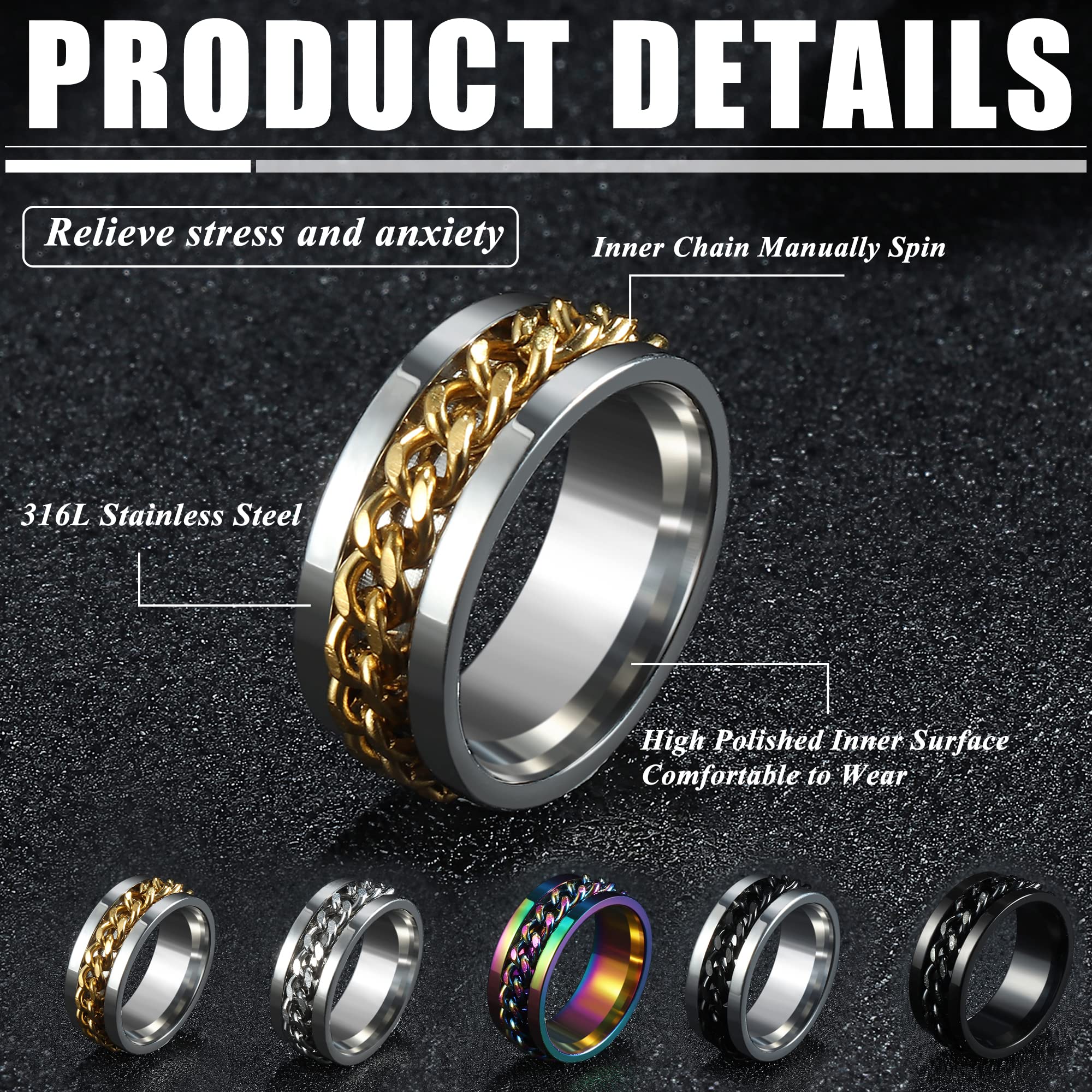 FASACCO Spinner Ring Stainless Steel Rings Fidget Ring Spinning Ring Anxiety Ring for Men Women Size 11