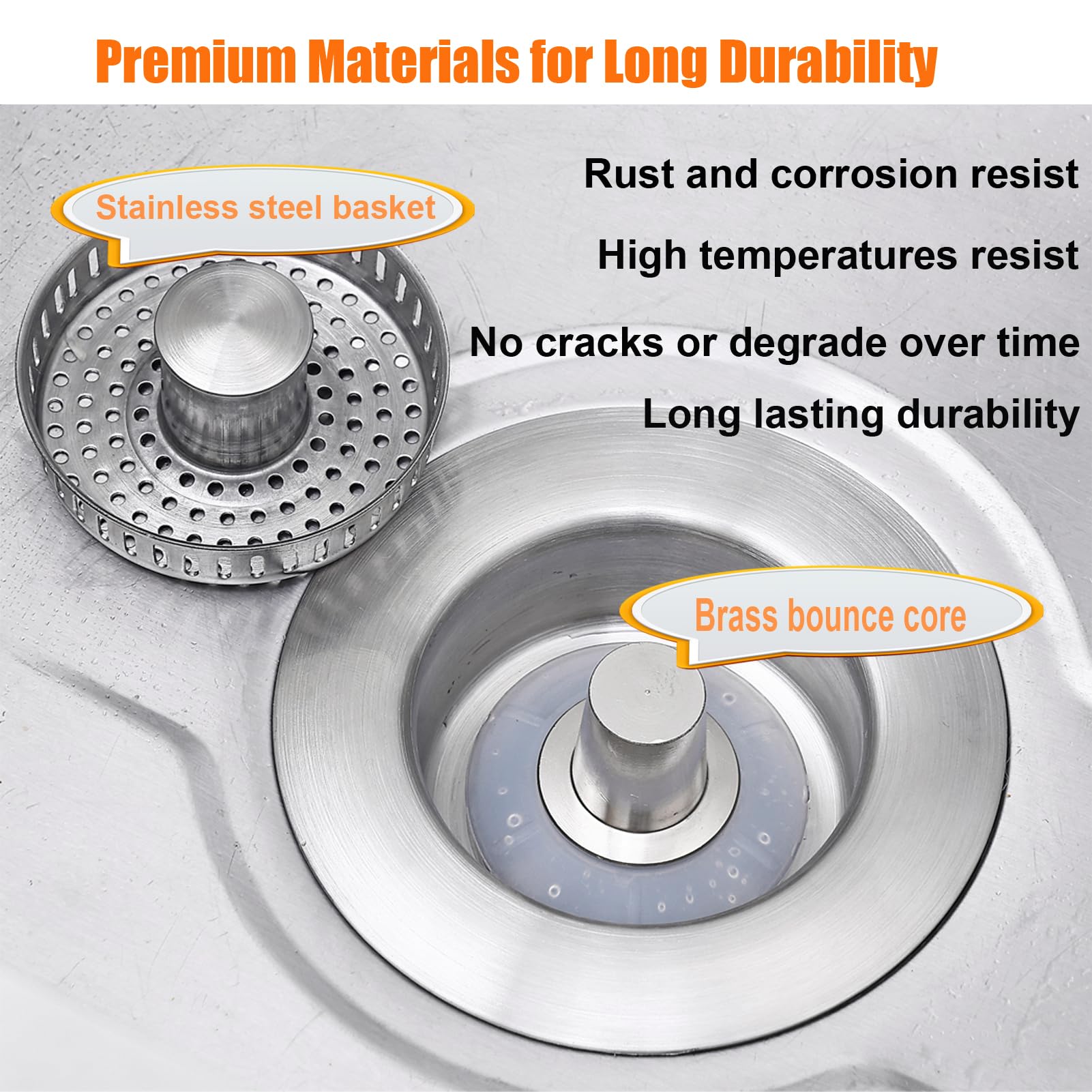 Kitchen Sink Drain Strainer and Sink Stopper(3 in 1), Upgraded Stainless Steel Drain Basket/Brass Pop-Up Bounce Core/Double Seal Sink Drain Stopper, Replacement for Standard 3-1/2 inch Drain