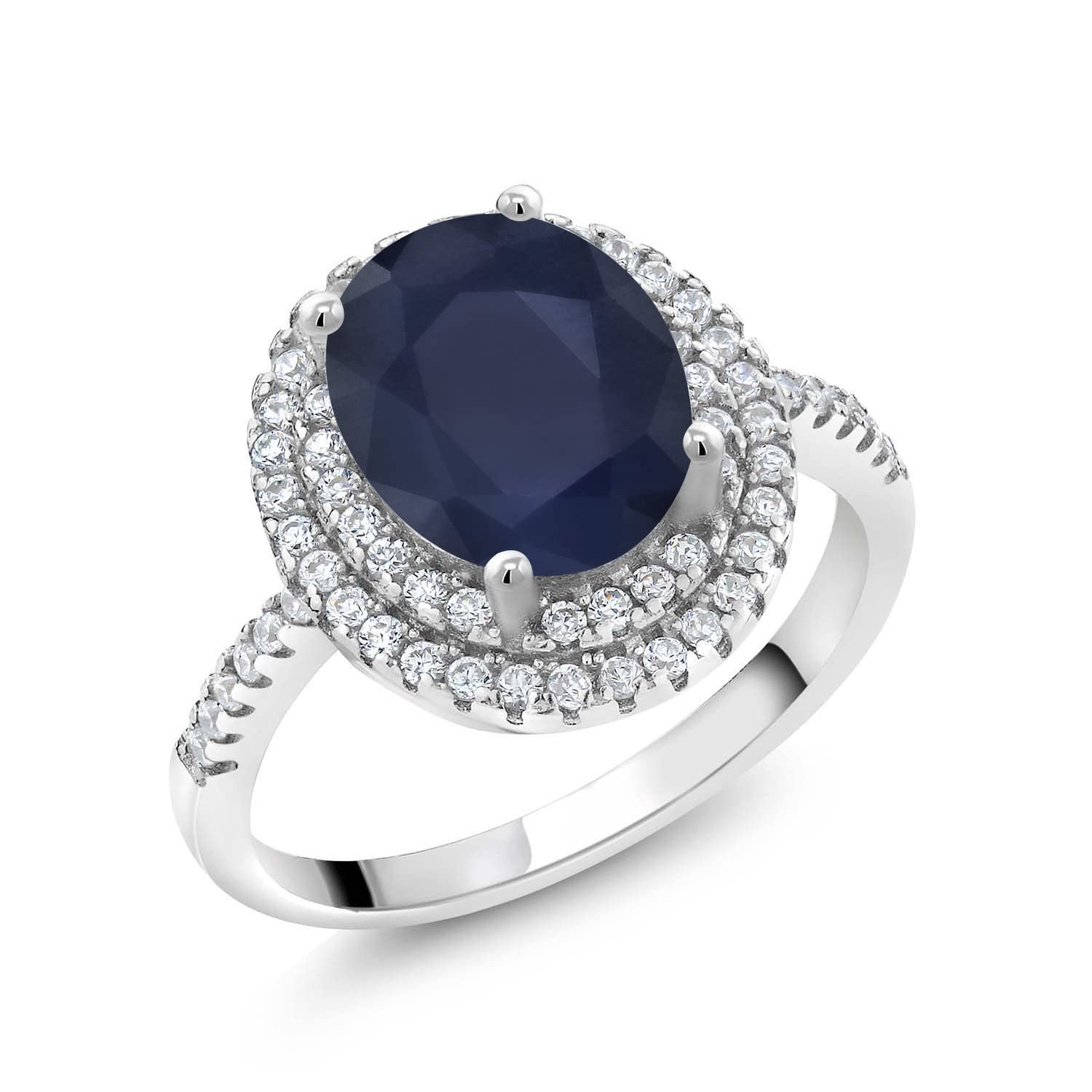 Gem Stone King 925 Sterling Silver Oval Blue Sapphire and White Moissanite Halo Engagement Ring For Women (2.63 Cttw, Gemstone Birthstone, Available In Size 5, 6, 7, 8, 9)