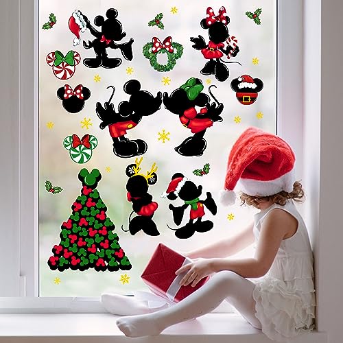 Yovkky 88 PCS Merry Christmas Window Clings, 2024 New Year Christmas Mouse Xmas Tree Green Red Stickers Decals Decor, Peppermint Candy Wreath Winter Snowflakes Holiday Party Home Kitchen Decorations