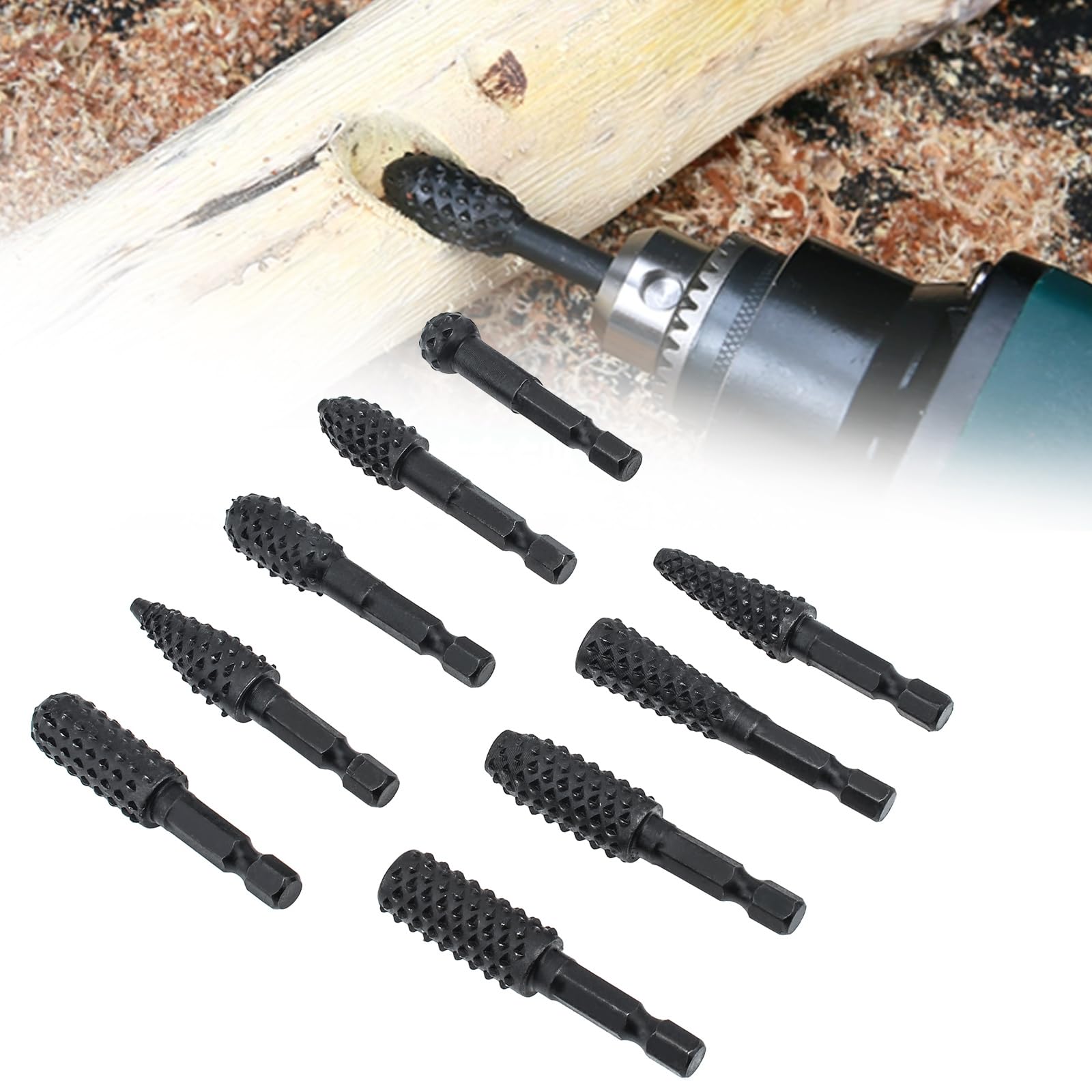 Omninmo 10pcs Rotary Burr Wood Carving Rasp Files Set for Woodworking Carving & Rubber Deburring, Shaping and Grooving, with 1/4" Hex Shank Wood Carving Rasp Files