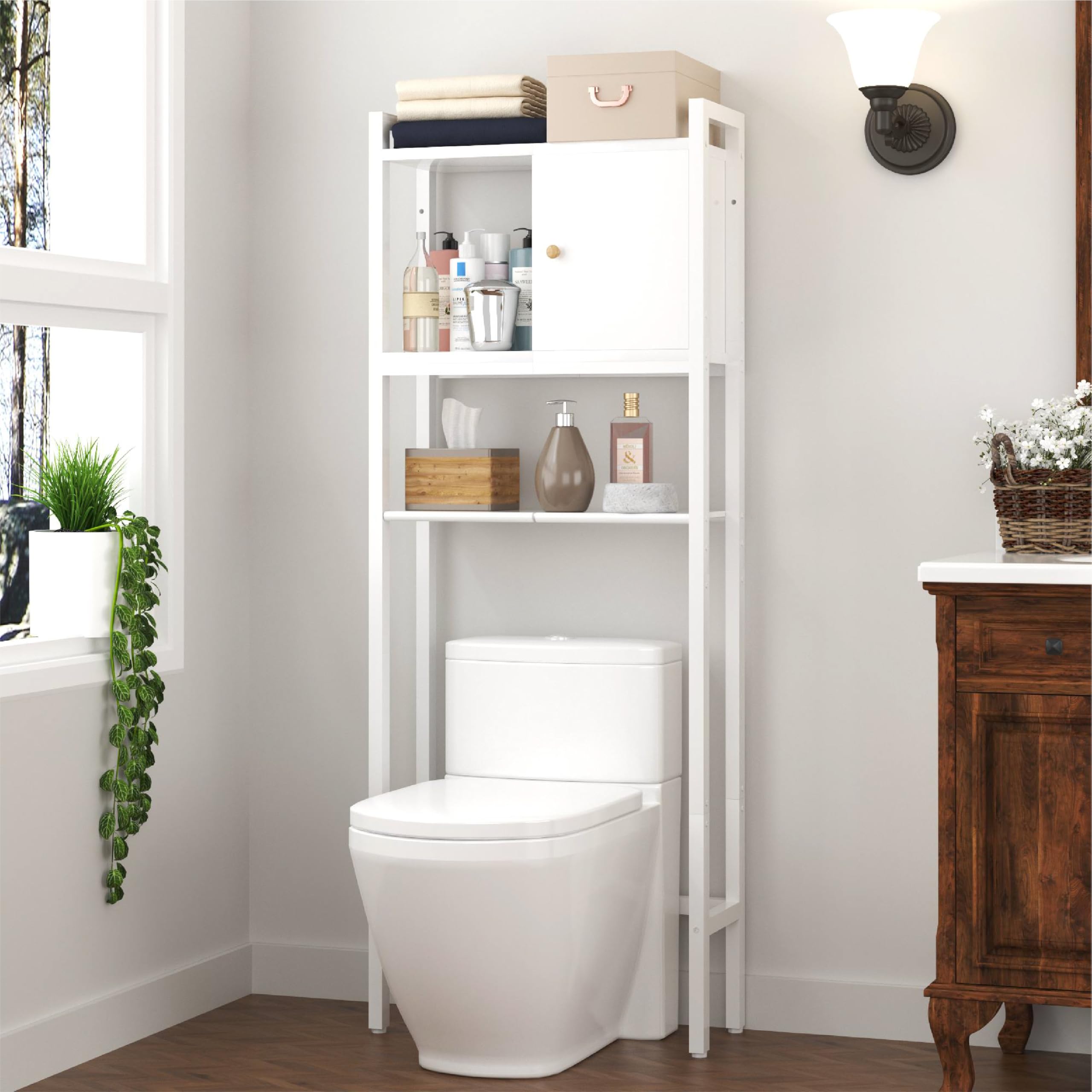 Over The Toilet Storage, 3 Tier Bathroom Organizer, Storage for Free Standing Wood Cabinet, Multifunctional Above Toilet Storage,White