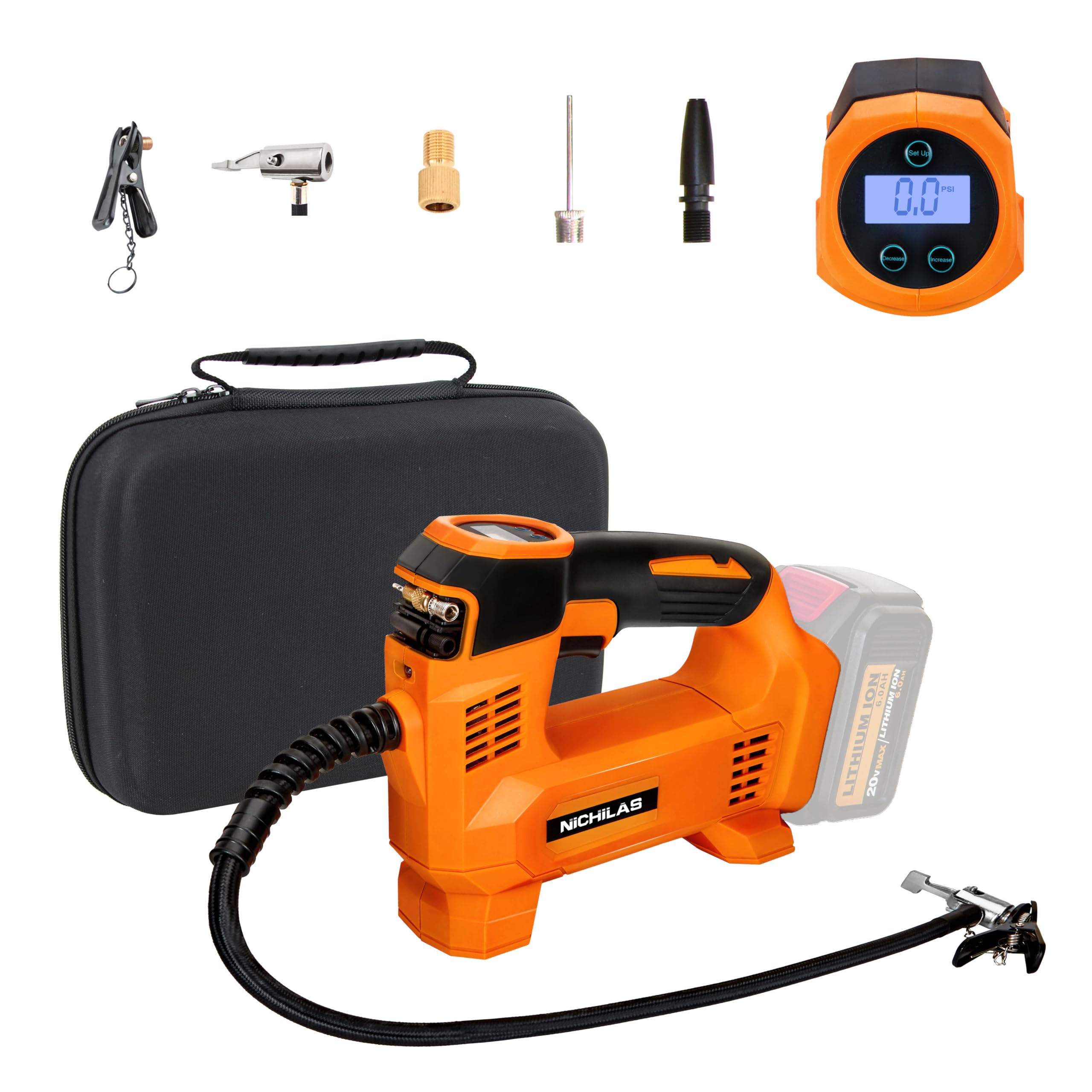 Nichilas Tire Inflator for Milwaukee M18 Battery Auto Portable Air Compressor Pump with LCD Screen Fixed Value Setting for Car, Motorcycles, Bikes, Balls (No Battery)