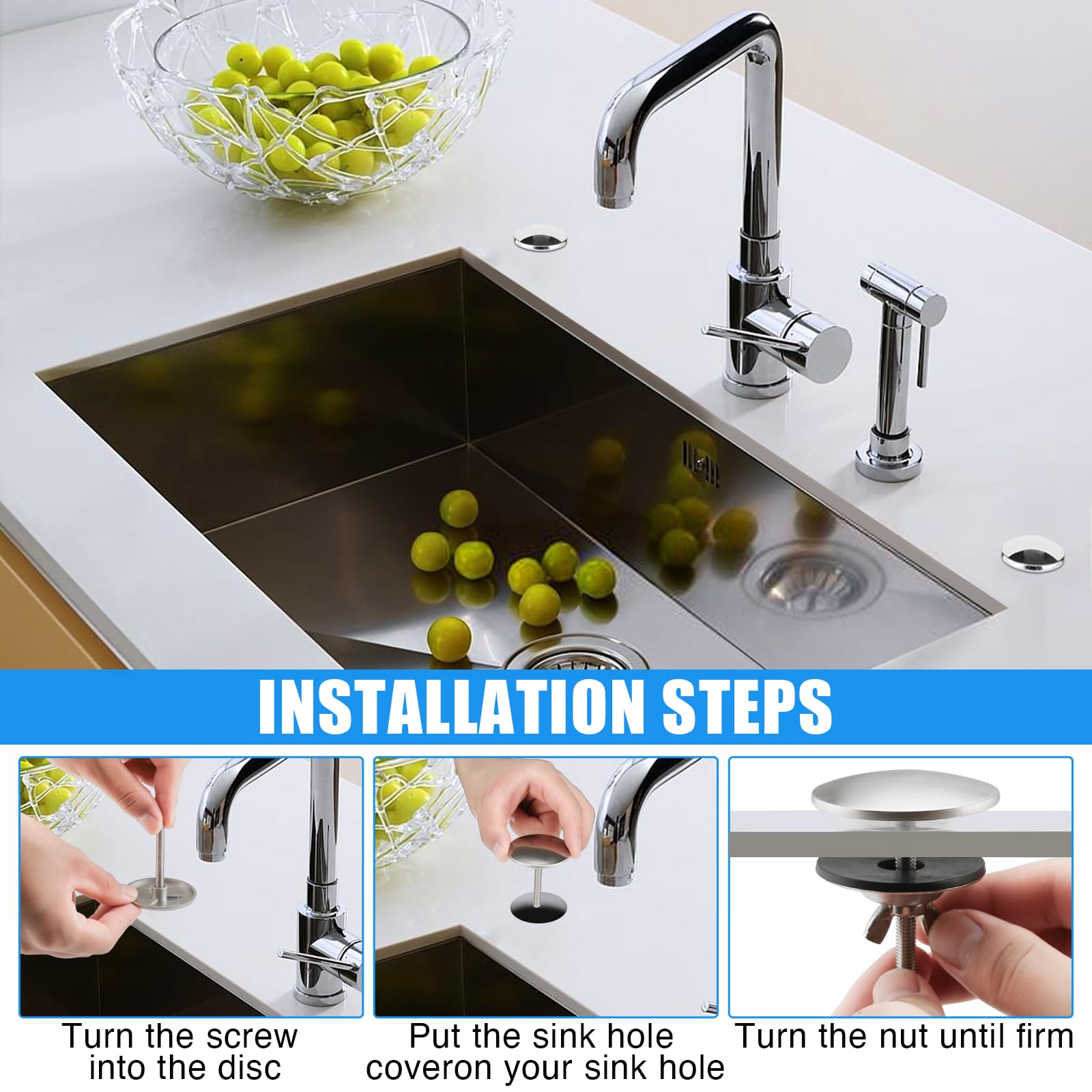 Kitchen Sink Hole Cover - Stainless Steel Faucet Hole Cover - Bathroom Sink Hole Plug - Modern Design to Match Your Aesthetic - Durable Covers Work with Most Kitchen and Bathroom Sink Holes