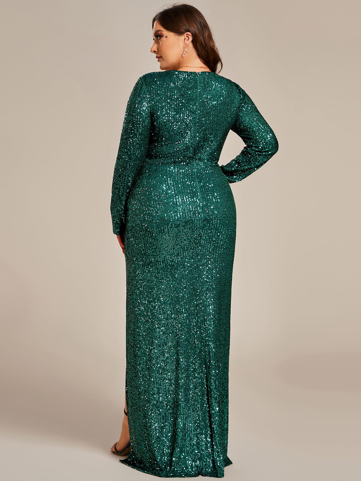 Ever-Pretty Women's Plus Size Curvy Elegant Sequin V Neck Floor-Length Bodycon Evening Party Gowns Deep Green US24