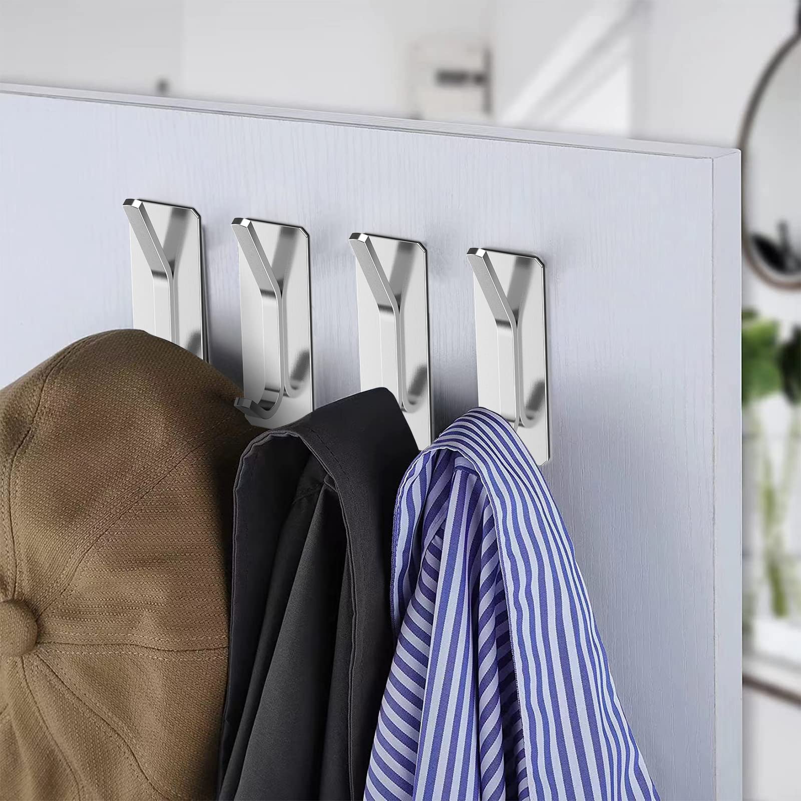 KIKISML [4 Pack Adhesive Hooks, Towel Hanger/Stainless Coat Hooks, Heavy Duty Stick on Hooks, Waterproof Sticky Hooks for Hanging Bathroom Kitchen Door, Silver