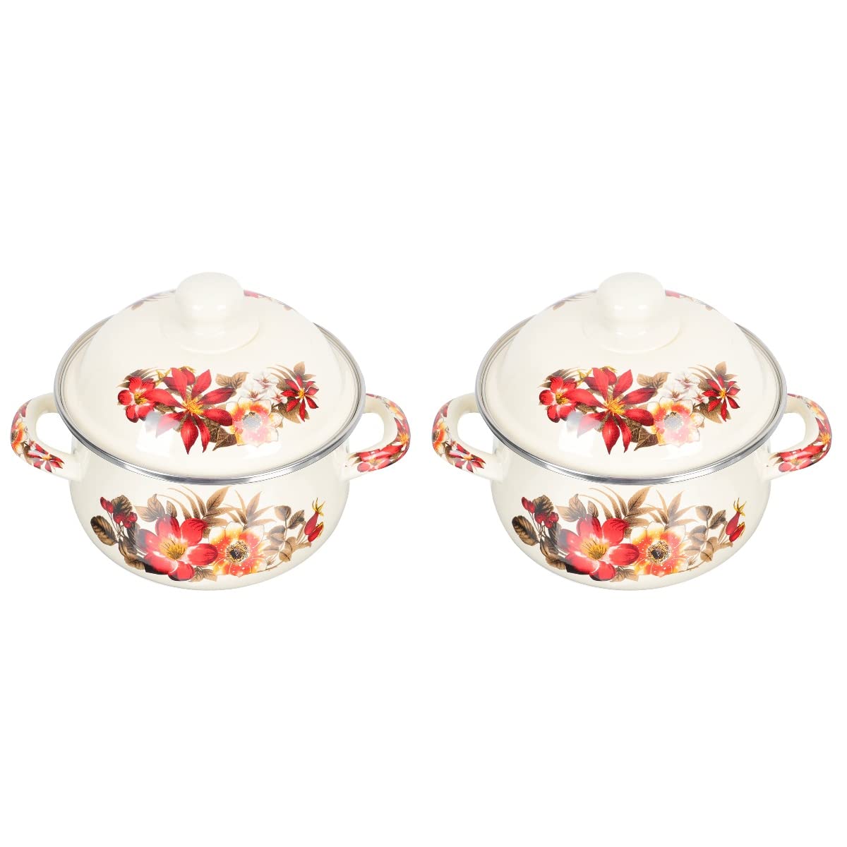 Hemoton 2 pcs Enamel Stew Pot Kitchen Stockpot Enamel Cooking Pot Thickened Stock Pot Vintage Enamel Stock Pot with Red Flower Enamelware Large Serving Pot Soup Basin (Random Style)