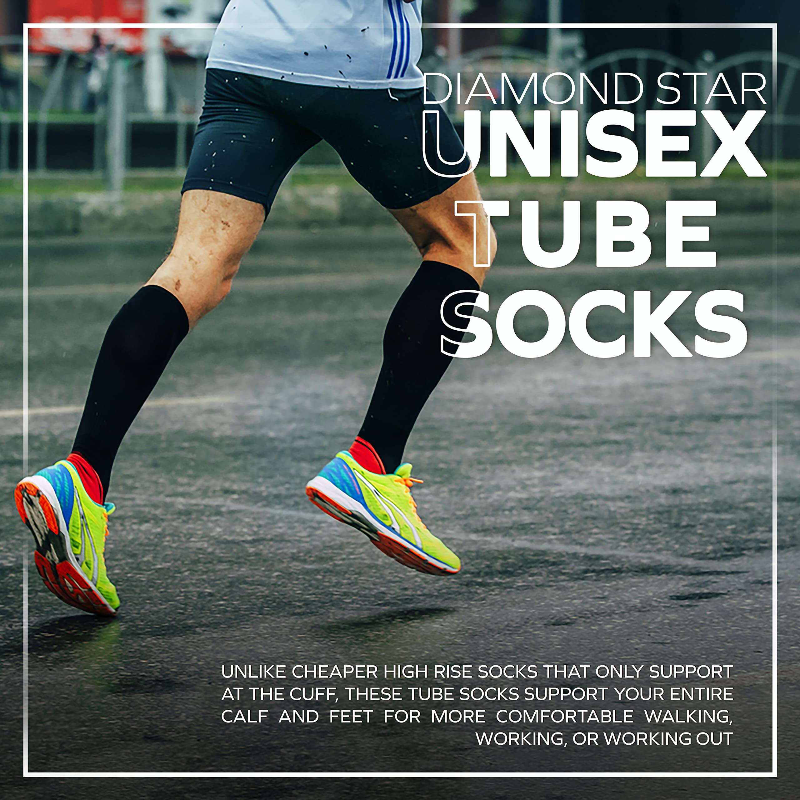 Diamond Star Men's 6 Pack Athletic Tube Socks Running Sports Over The Calf Cushioned Premium Soft Cotton Big and Tall (Black)