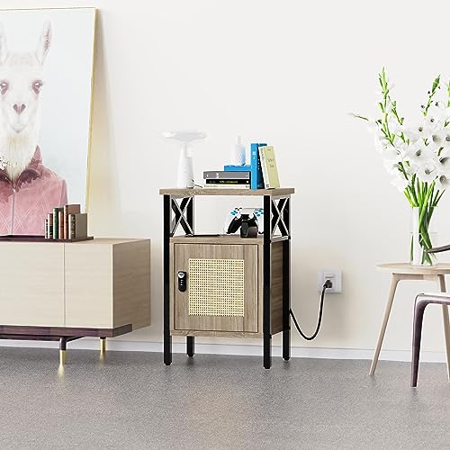 runjuly Rattan Nightstand with Lock, End Table with Charging Station, Side Table with Rattan Door and Open Shelf, Wooden Farmhouse Bedside Table for Bedroom, Living Room, Dorm