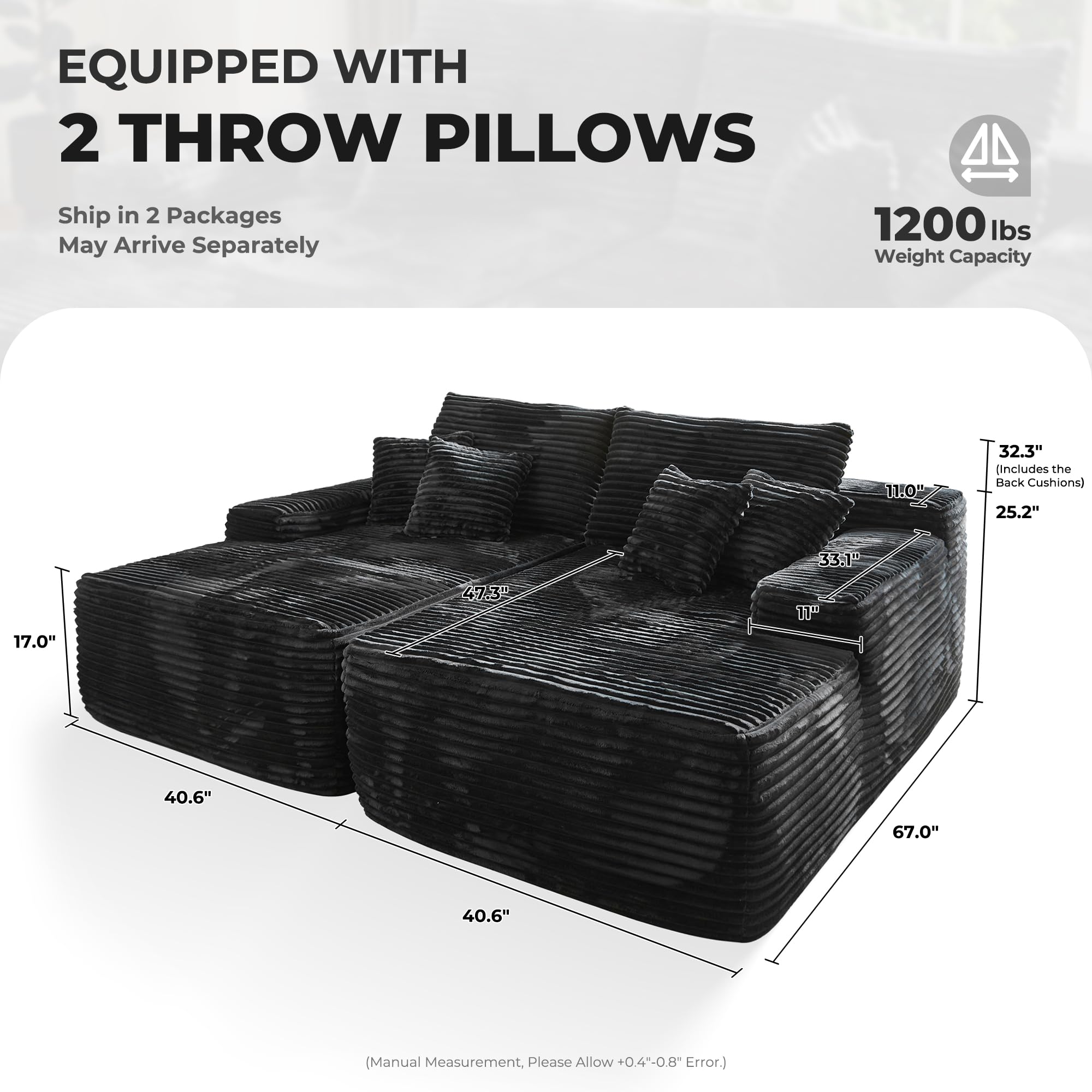 Oversized Chaise Lounge Sofa Indoor - 80" Cloud Sectional Couch Sofa Bed,Luxury Deep Seat Plush Corduroy Lounge Chair Sleeper Sofa for Living Room Bedroom (Black,2PCS)