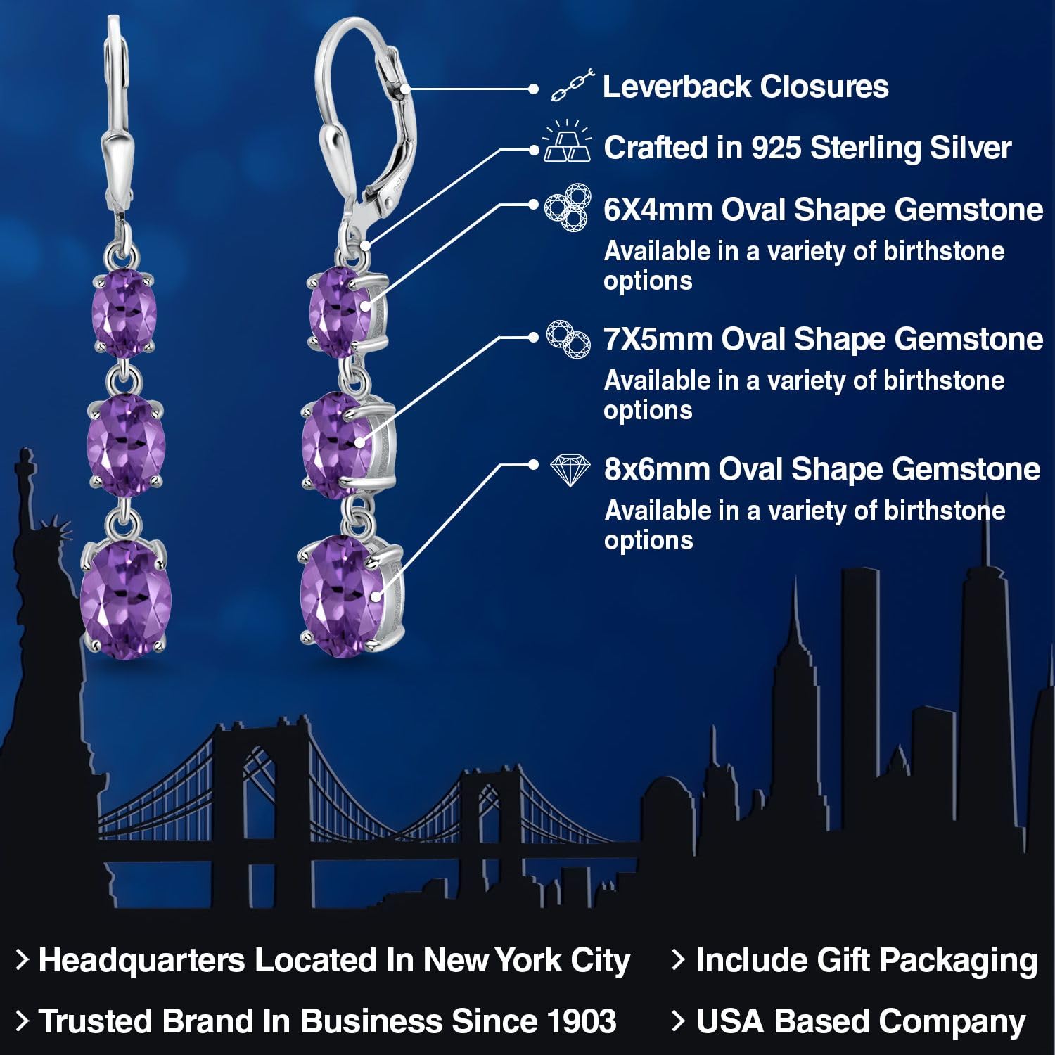 Gem Stone King 925 Sterling Silver Gemstone Birthstone 3-Stone Drop Dangle Earrings | Oval 8X6MM 7X5MM and 6X4MM | Three Stone Leverback Earrings For Women