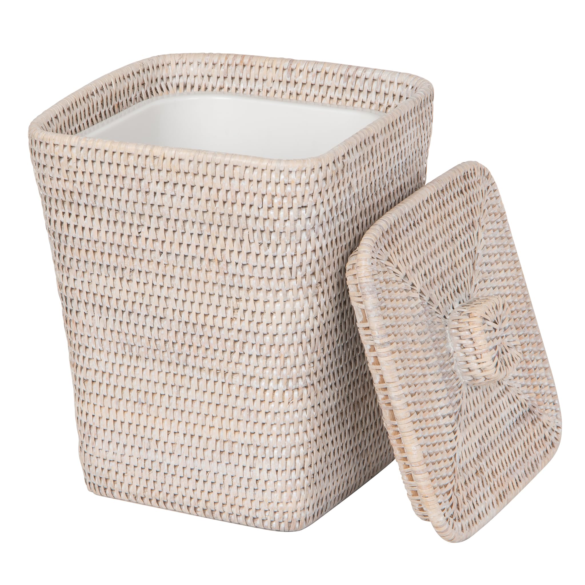 Kouboo Rattan Square Paper Waste Basket and Trash Bin with Lid and Plastic Insert, 2 Gallon Capcity, Honey-Brown