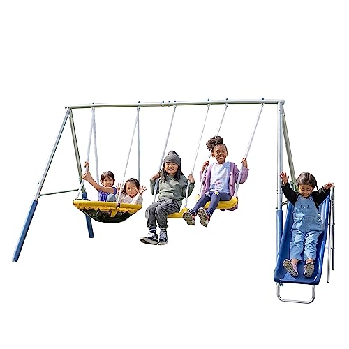 The Swing Company TSC-1023G Reese Galvanized Metal Swing Set: 5ft Slide, 2 Swings, Padded Saucer Swing and Anchor Kit, Capacity 500lb (5 Kids, Aged 3-8), Blue/Yellow