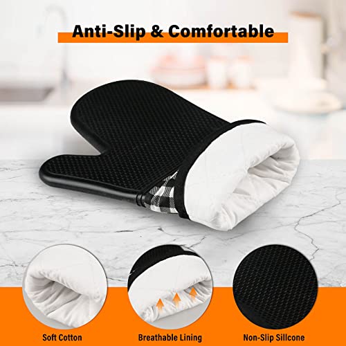 dsfen Heat Resistant Silicone Oven Gs Oven Mitts + 2 Cotton Pot Holders for Kitchen Cooking Baking Grilling Barbecue-Black Plaid