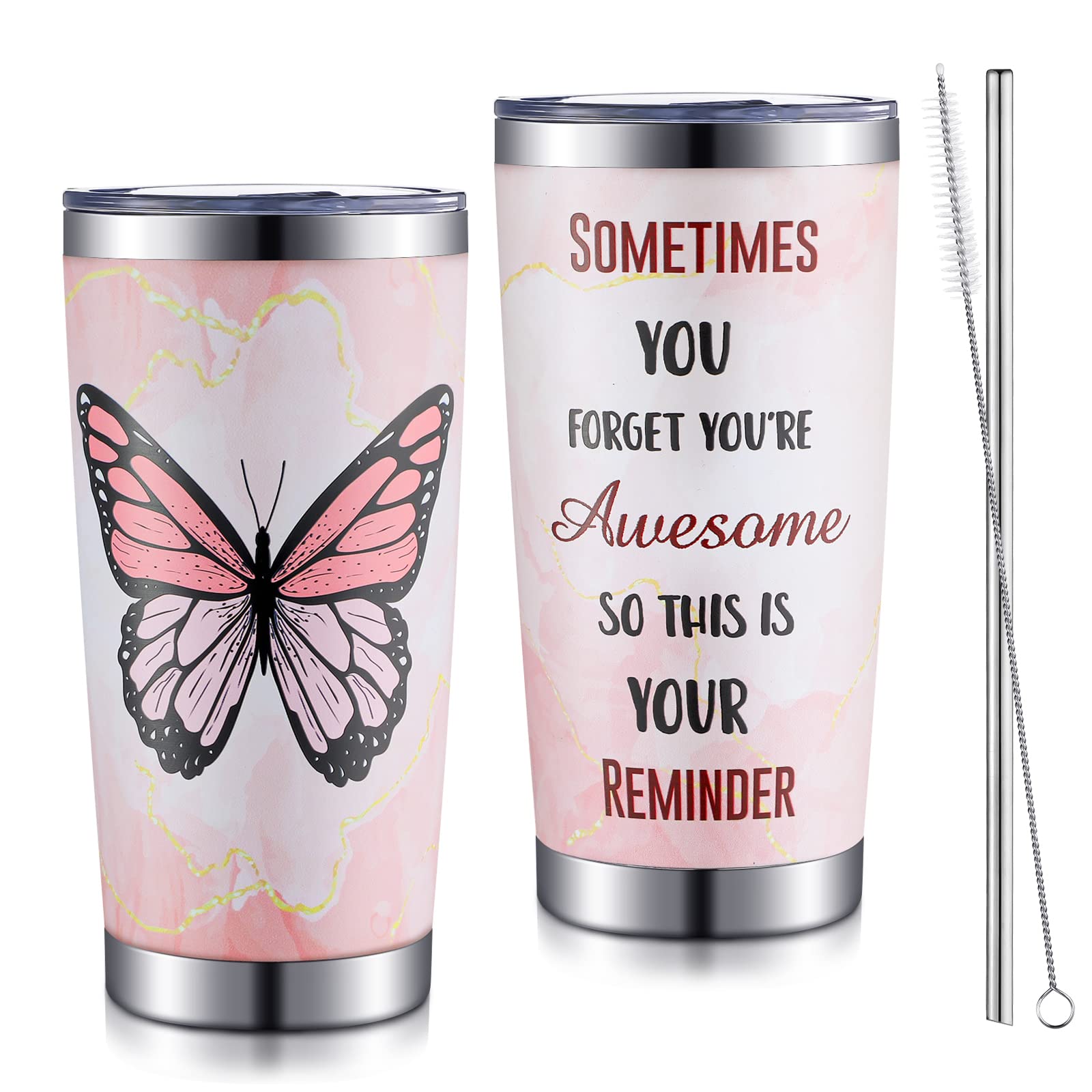 Funtery Valentine's Day Gifts 20 oz Pink Butterfly Tumbler Gifts for Women Nana Inspirational Birthday Gifts from Daughter Son Mom Gifts Mother's Day Pink Gifts Thank You for Mom Friends Wife