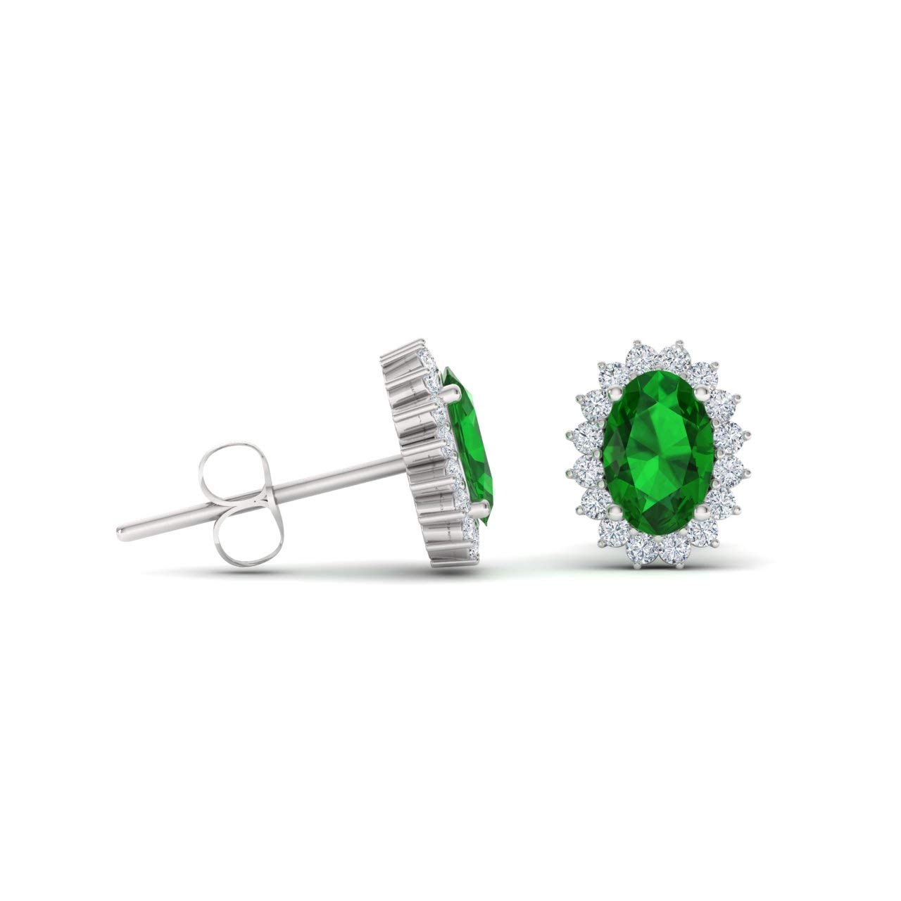 Diamondere Natural and Certified Oval Cut Emerald Halo Diamond Petite Earrings in 14K White Gold | 1.13 Carat Earrings for Women