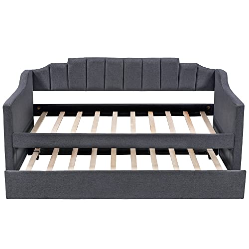 RUNWON Upholstered Twin Size Daybed with Trundle Modern Wood Sofa Bed for for Living Room and Bedroom,No Spring Box Needed, Black