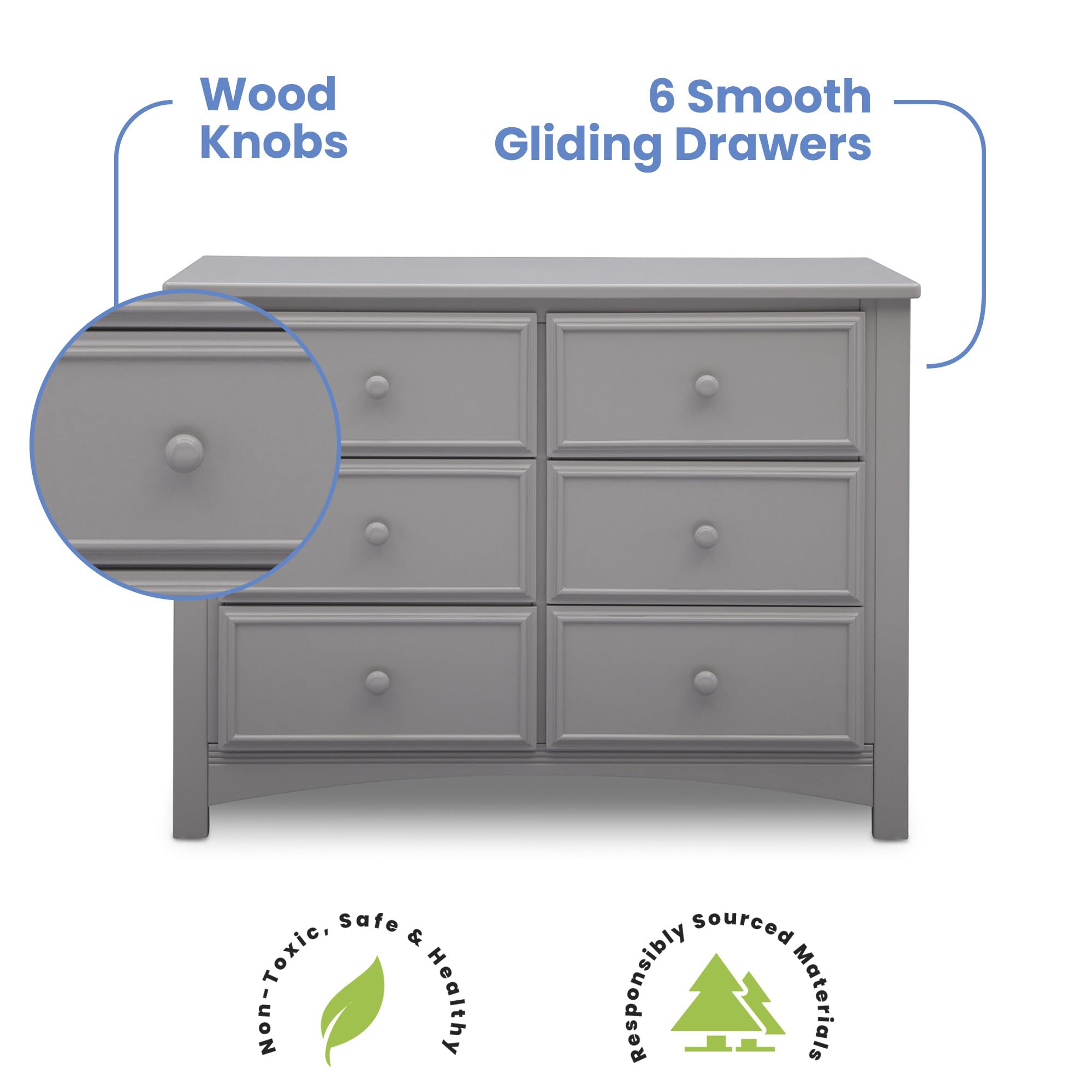 Delta Children Unisex Nursery 6 Drawer Double Dresser, Greenguard Gold Certified, Grey,