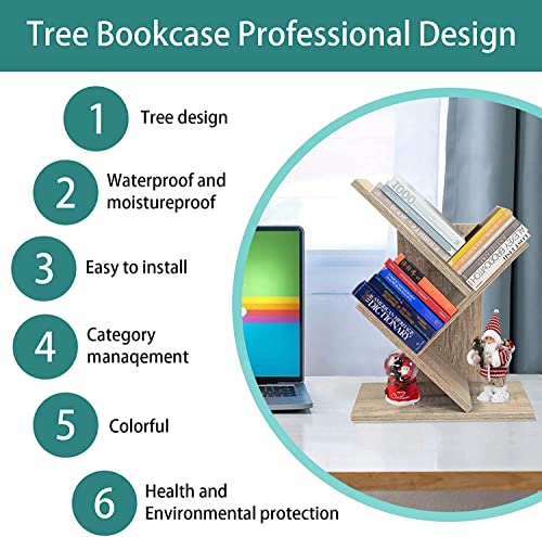 ZRWD Tree Bookshelf, 3-Tier Book Storage Organizer Shelves Floor Standing Bookcase, Wood Storage Rack for Office Home School Shelf Display for Cd/Magazine(French Oak Grey)