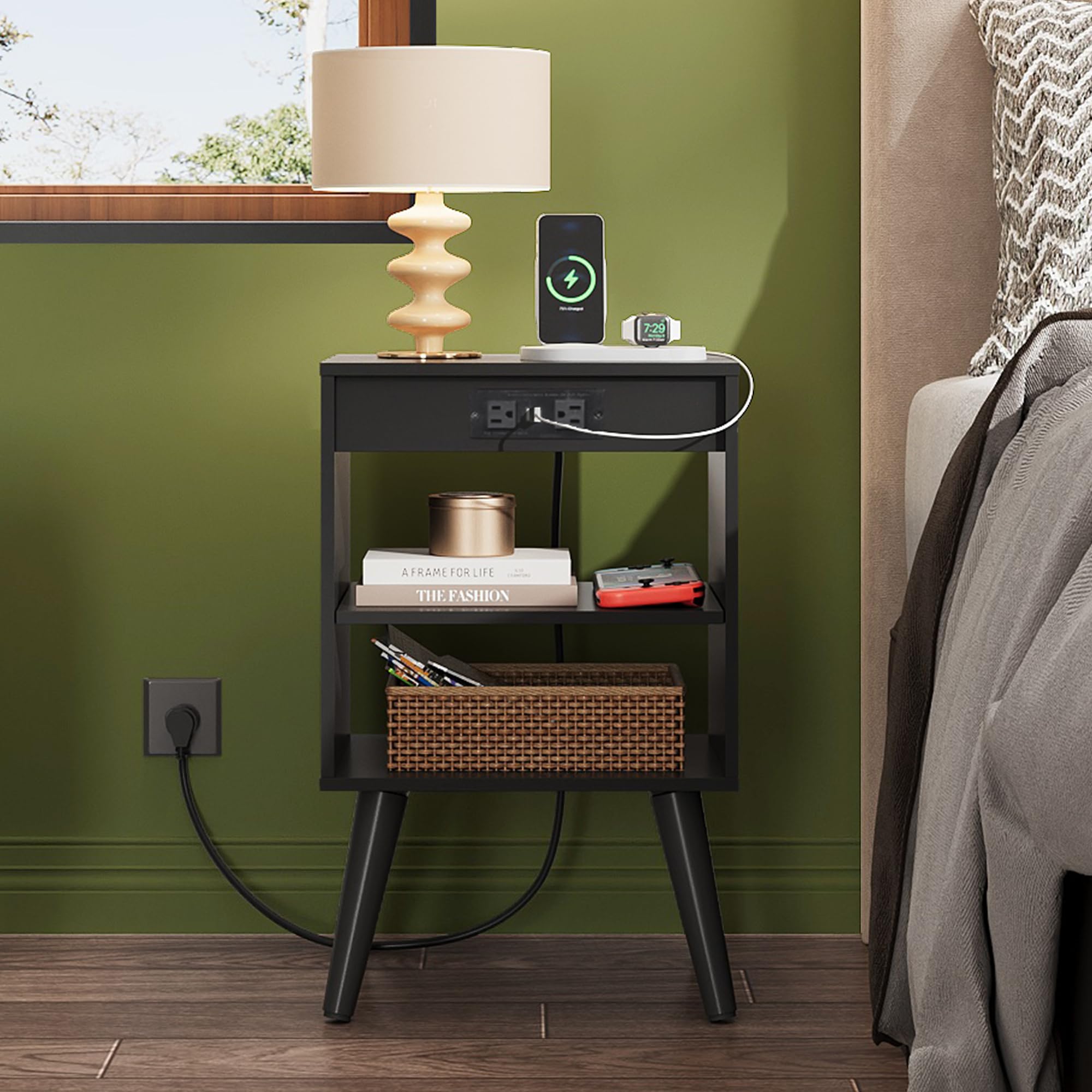WLIVE White Nightstand, Bedside Table, Night Stand with Charger Station, Side Table with Storage Shelf, End Table with USB Ports and Outlets for Bedroom, 15.12" D x 11.73" W x 23.74" H