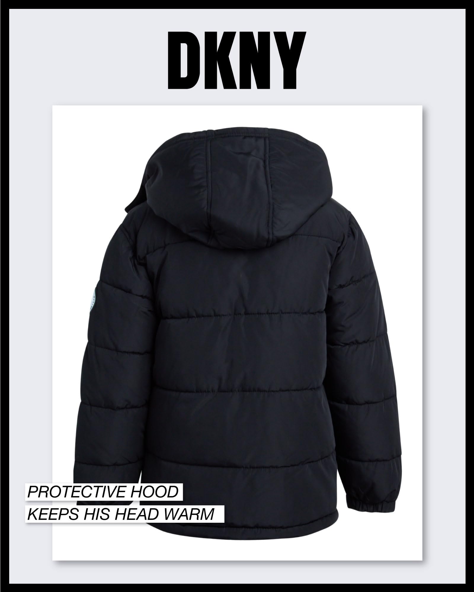 DKNY Boys' Winter Jacket - Insulated Quilted Puffer Parka Coat, Sherpa Lined Hood - Heavyweight Ski Jacket for Boys (4-20), Size 14-16, Black