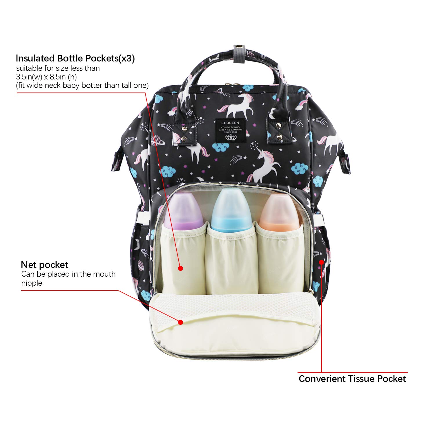 Diaper Bag Backpack with 25L extra Large Capacity, Vakabva Multi-Function Mommy Backpack Waterproof Travel Baby Backpack with Insulated Pockets, Stroller Straps and Pacifier Case(Black Unicorn)