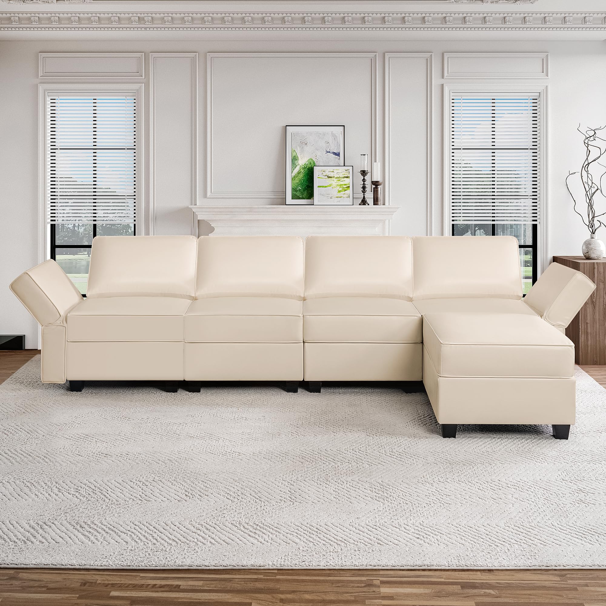 Naomi Home Sarah L-Shaped Sofa with Storage Seat Fabric Modular Sectional Couch Reversible Chaise L Couch Sectionnal Sofa, White, Air Leather
