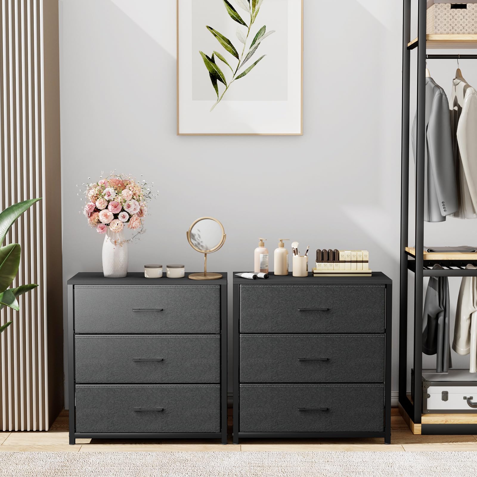 Memobarco Nightstand with 3 Drawers for Bedroom, Storage Dresser with Fabric Drawers and Metal Frame for Closet, Living Room, Bedside Table with Wood Top, Easy Pull Handle, Black