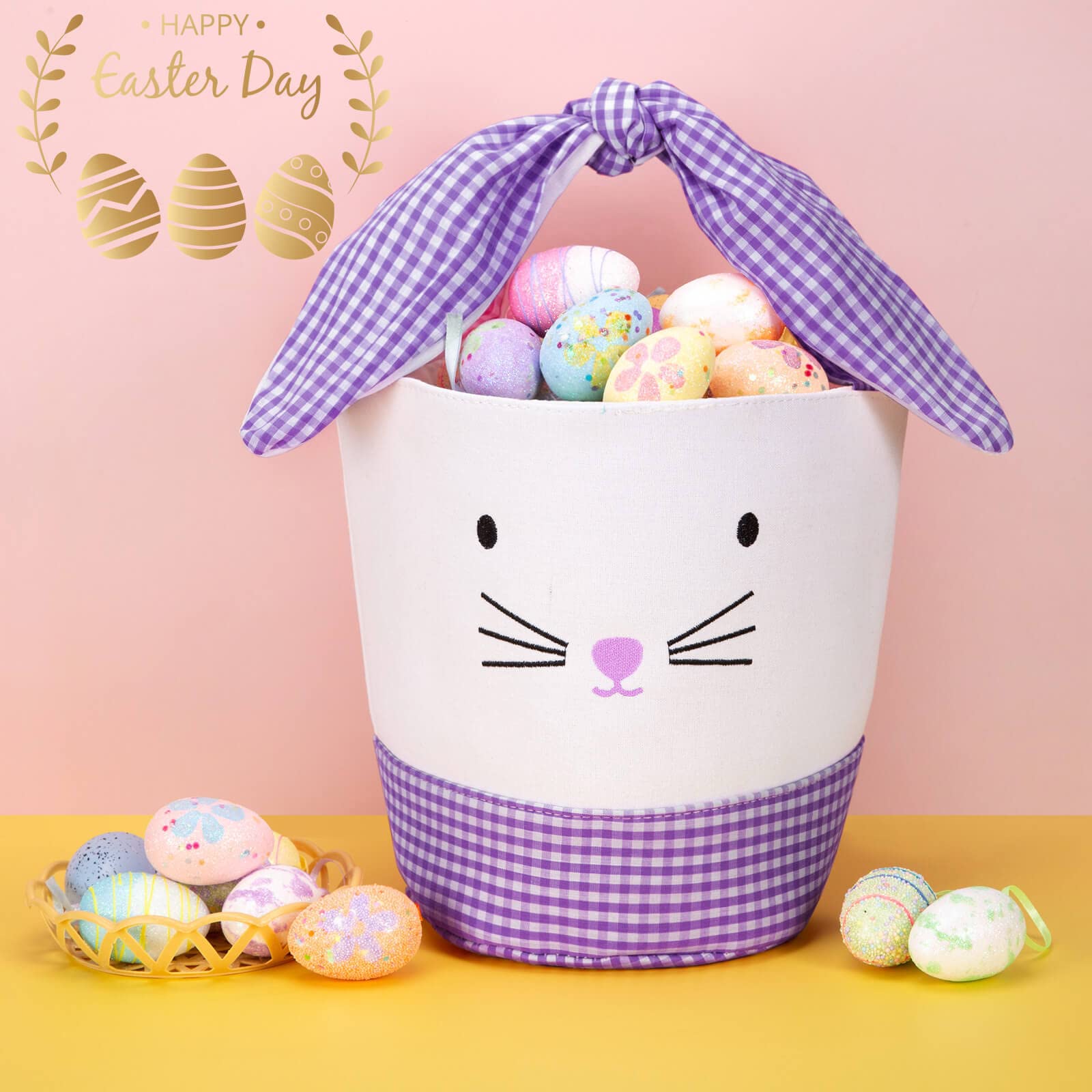 MY LIFFRI Easter Basket set for Kids, Large Canvas Bunny Bag with Carrot Card & Letters Stickers for Egg Hunt with Adjustable Rabbit Ear Handle for Baby Boy Girl Toddler, Purple