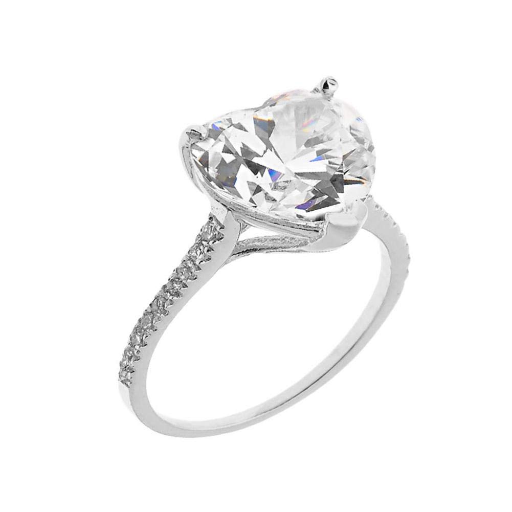 Elegant 14k White Gold Diamond and Heart-Shaped CZ Engagement Love Ring (Size 8)