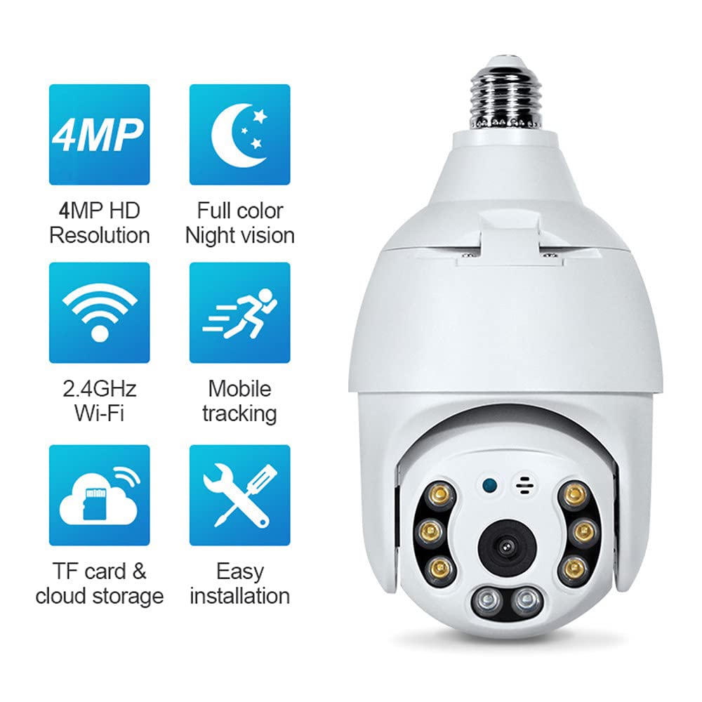 EVERSECU 2K 4MP Light Bulb Security Camera, Outdoor Waterproof, 360° View, 2.4G WiFi&Wireless, Motion Detection, Auto Tracking, 2 Way Audio, Color Night Vision, Work with Alexa Google, Siren Alarm