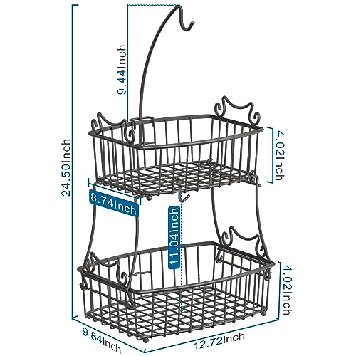 Minicloss 2-Tier Countertop Fruit Basket Bowl with Banana Hanger, Metal Wire Vegetable Fruits Stand Holder Storage Organizer for Kitchen, Black