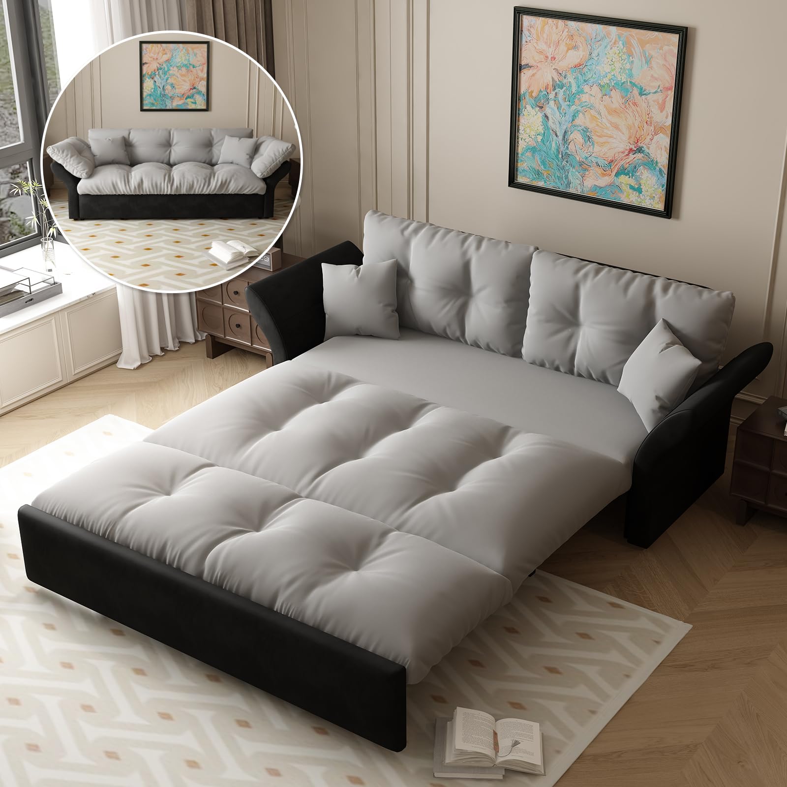 KIVENJAJA 74.8â Queen Pull Out Sofa Bed, 3 in 1 Convertible Sleeper Sofa Futon Pullout Couch, Velvet Tufted Cloud Loveseat with 2 Pillows for Living Room Bedroom Apartment, Grey